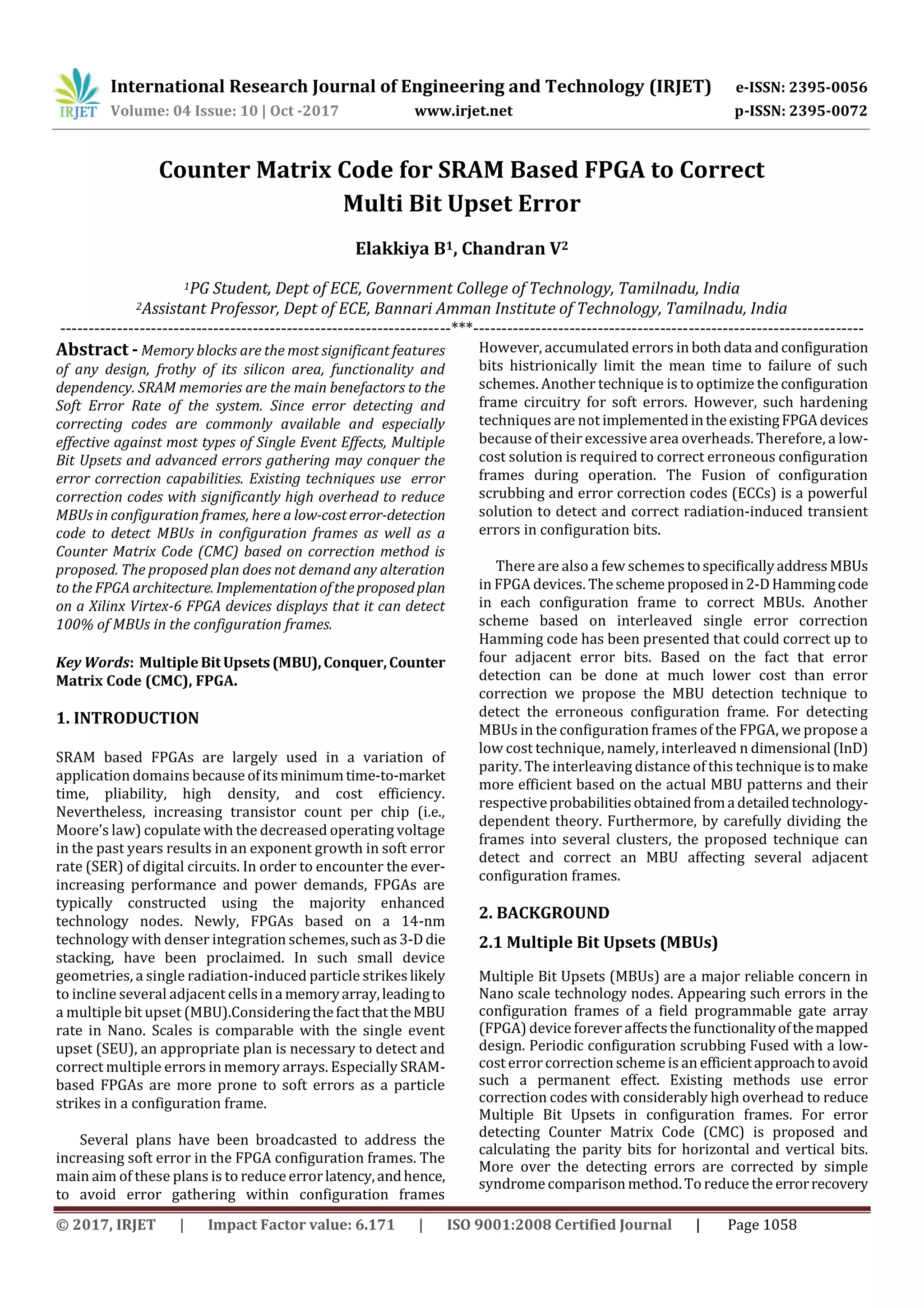 Counter Matrix Code for SRAM Based FPGA to Correct Multi Bit Upset Error | PDF