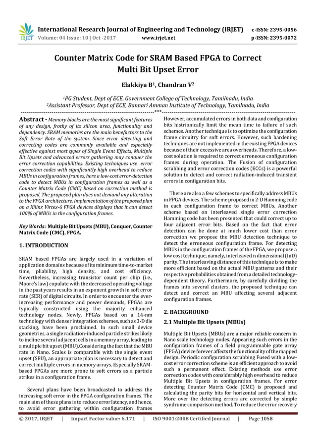 Counter Matrix Code for SRAM Based FPGA to Correct Multi Bit Upset Error | PDF