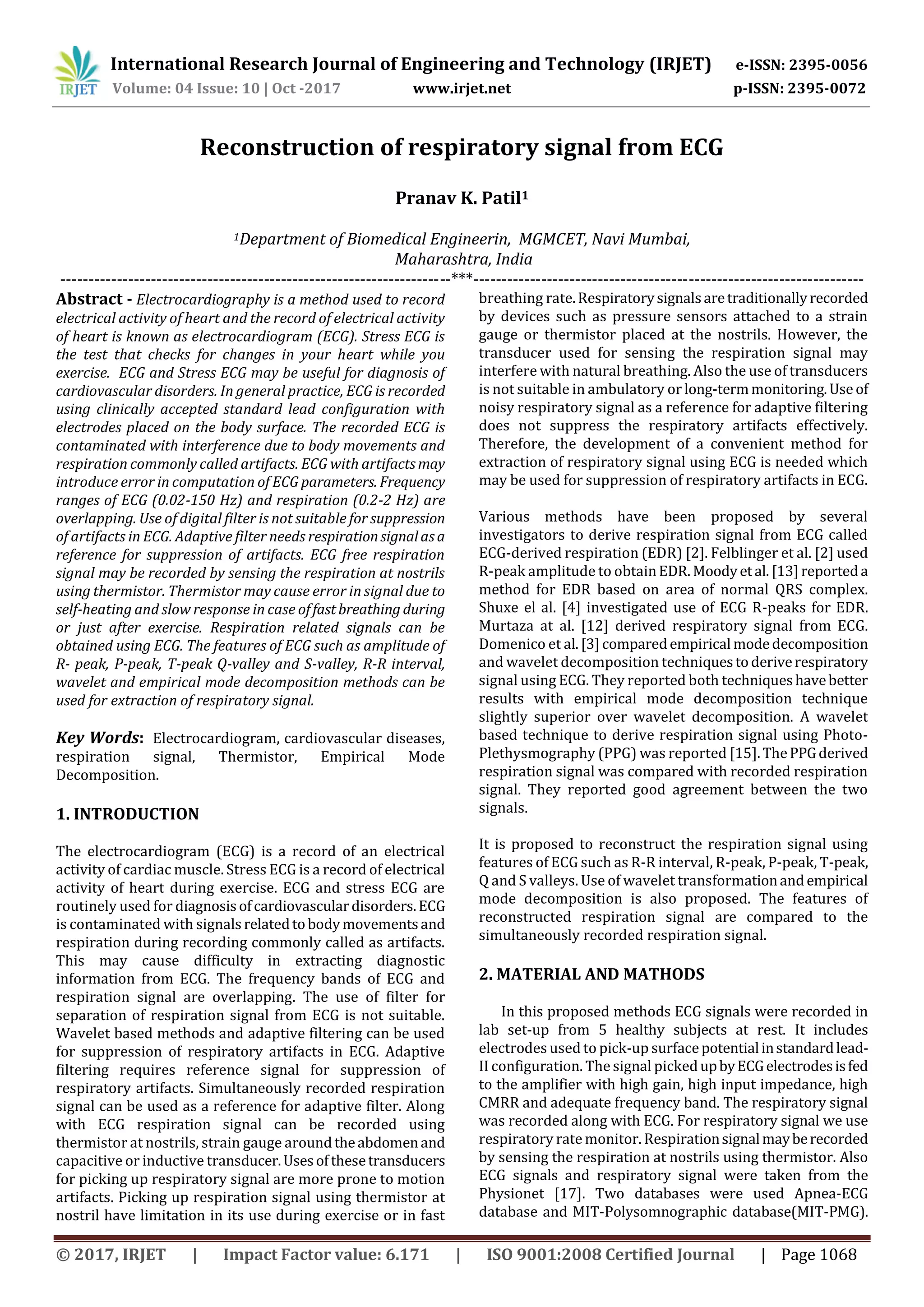Reconstruction of Respiratory Signal from ECG | PDF | Heart and ...