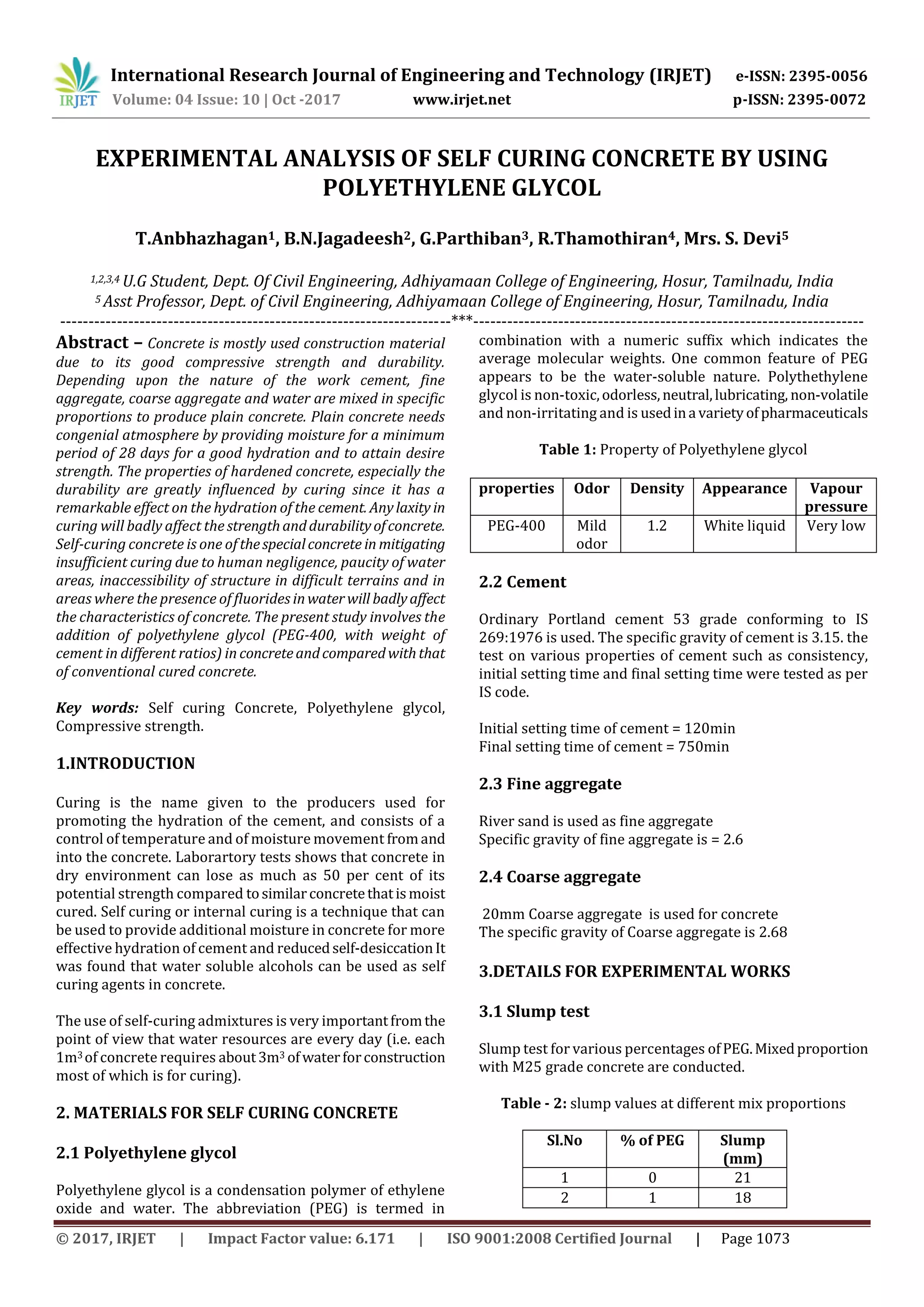 Experimental Analysis of Self Curing Concrete by using Polyethylene Glycol | PDF