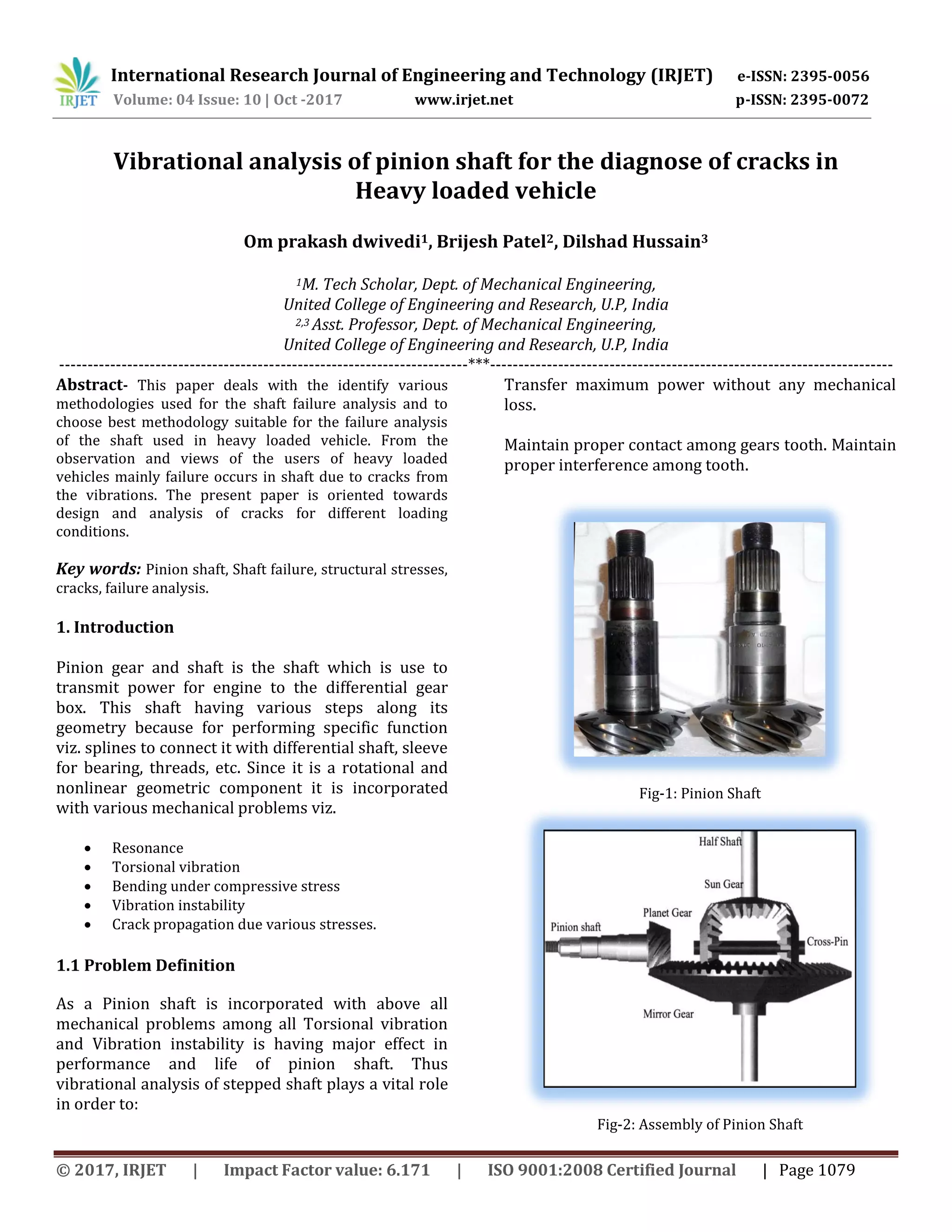 Vibrational Analysis of Pinion Shaft for the Diagnose of Cracks in ...
