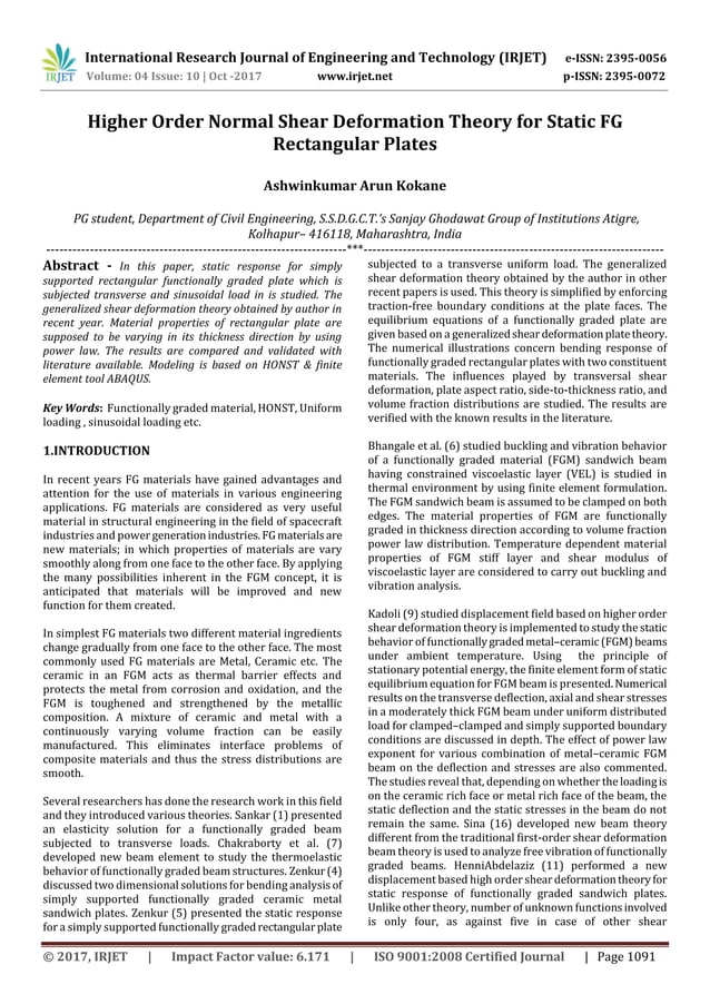 Higher Order Normal Shear Deformation Theory For Static Fg Rectangular Plates Pdf