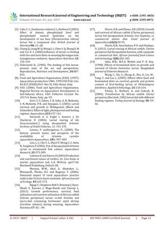 IRJET-Survival and Growth Rate of Clarias gariepinus Larvae Fed with Artemia salina and Inert ...