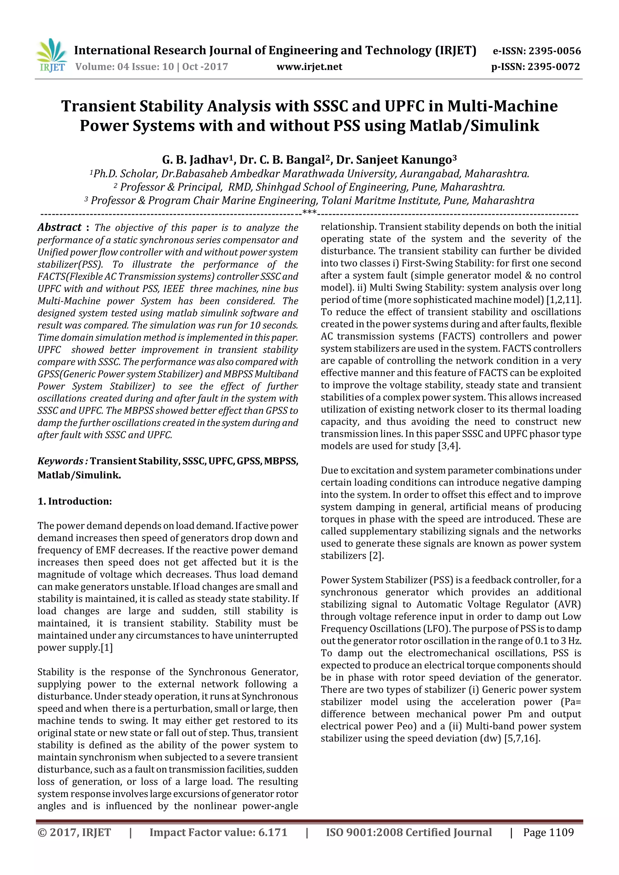 Transient Stability Analysis with SSSC and UPFC in Multi-Machine Power Systems with and without ...