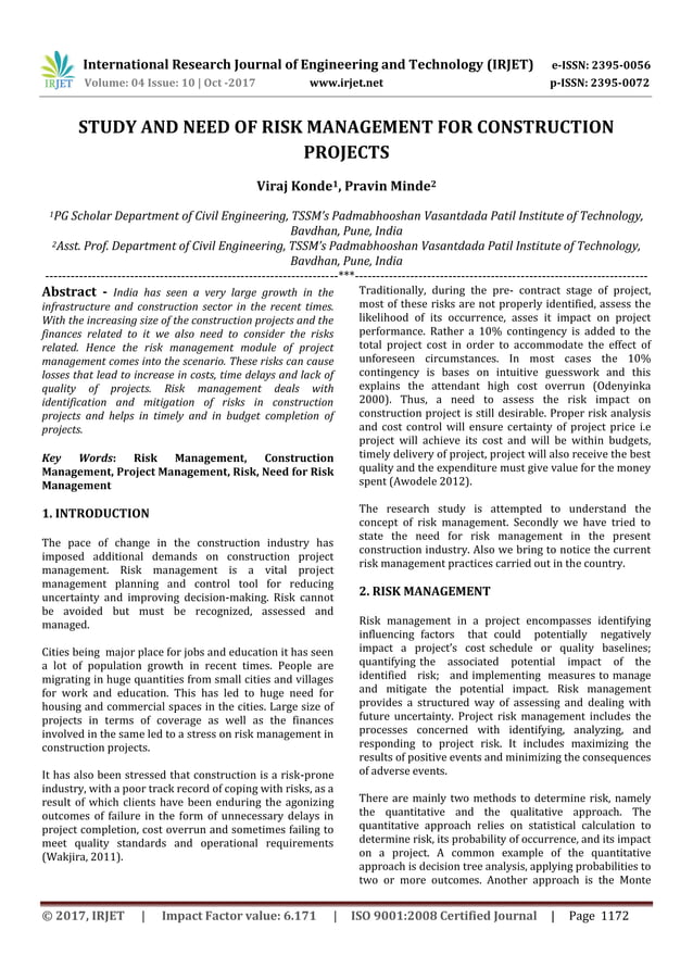 Study and Need of Risk Management for Construction Projects | PDF