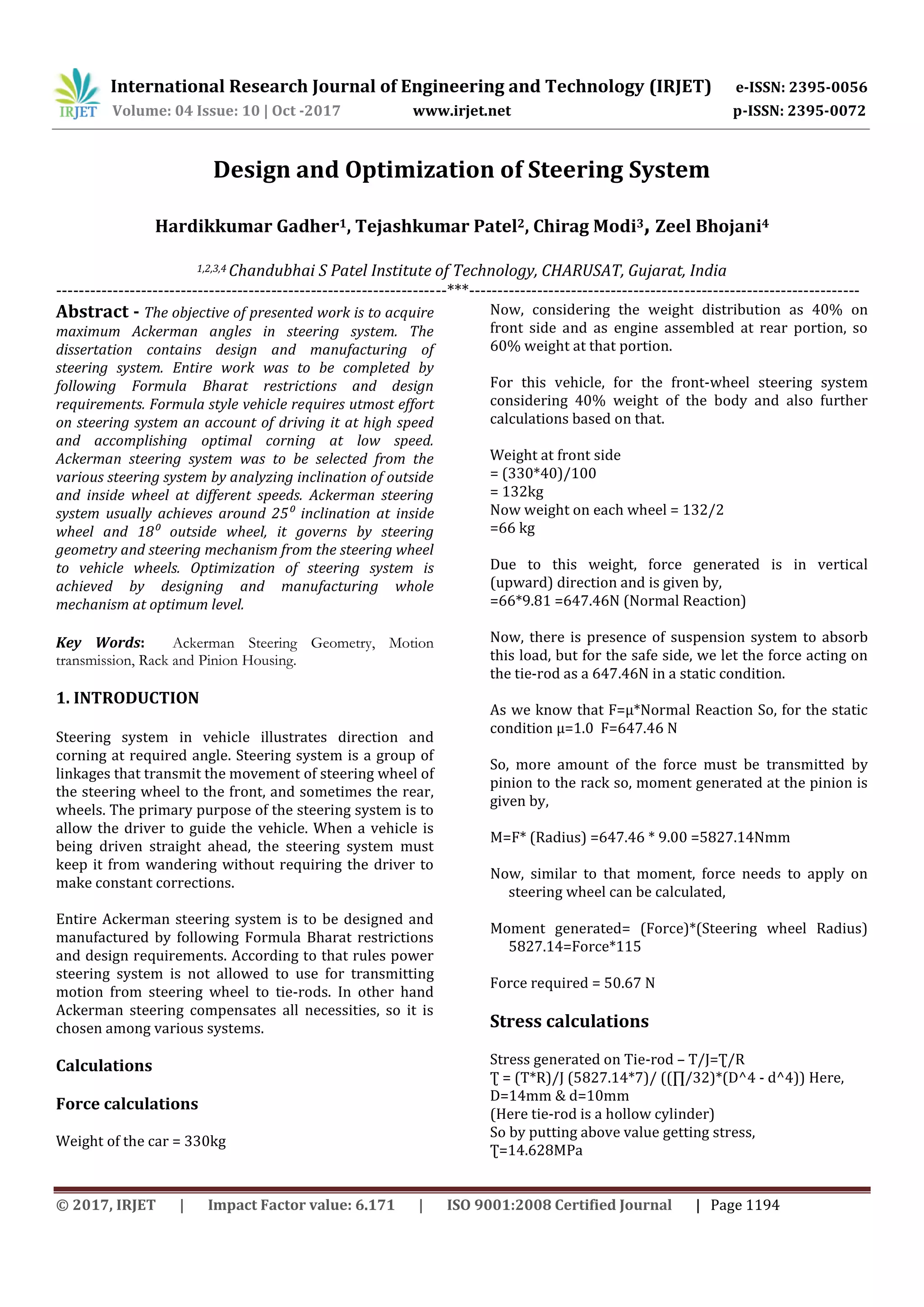 Design and Optimization of Steering System | PDF