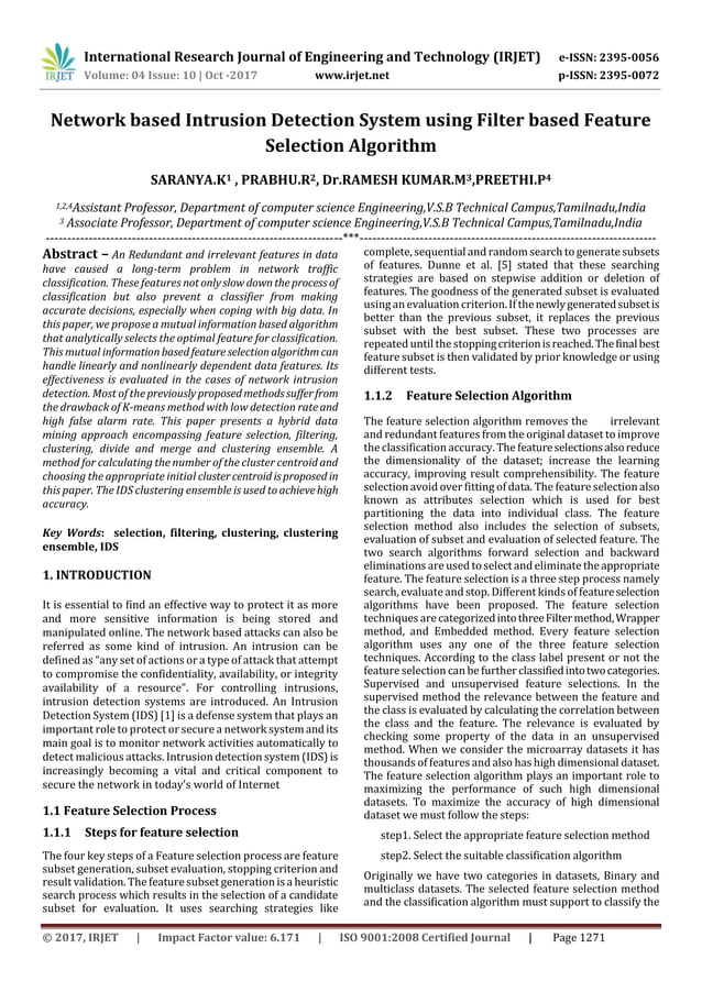 Network Based Intrusion Detection System Using Filter Based Feature Selection Algorithm Pdf