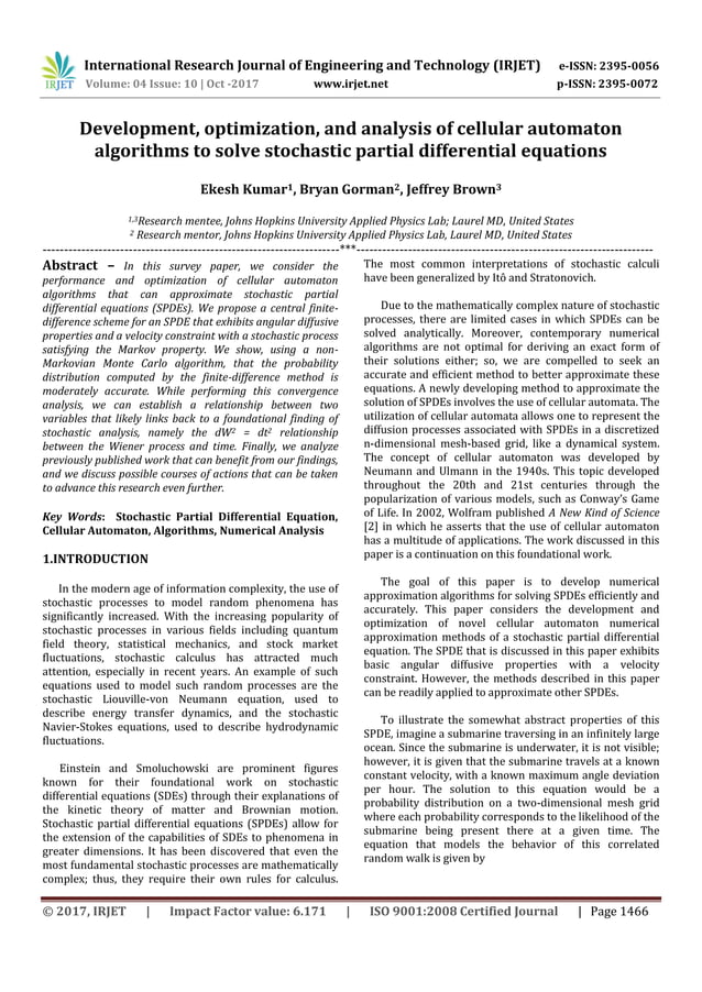 Development, Optimization, and Analysis of Cellular Automaton Algorithms to Solve Stochastic ...