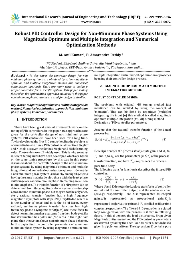 Robust Pid Controller Design For Non Minimum Phase Systems Using Magnitude Optimum And Multiple 6728