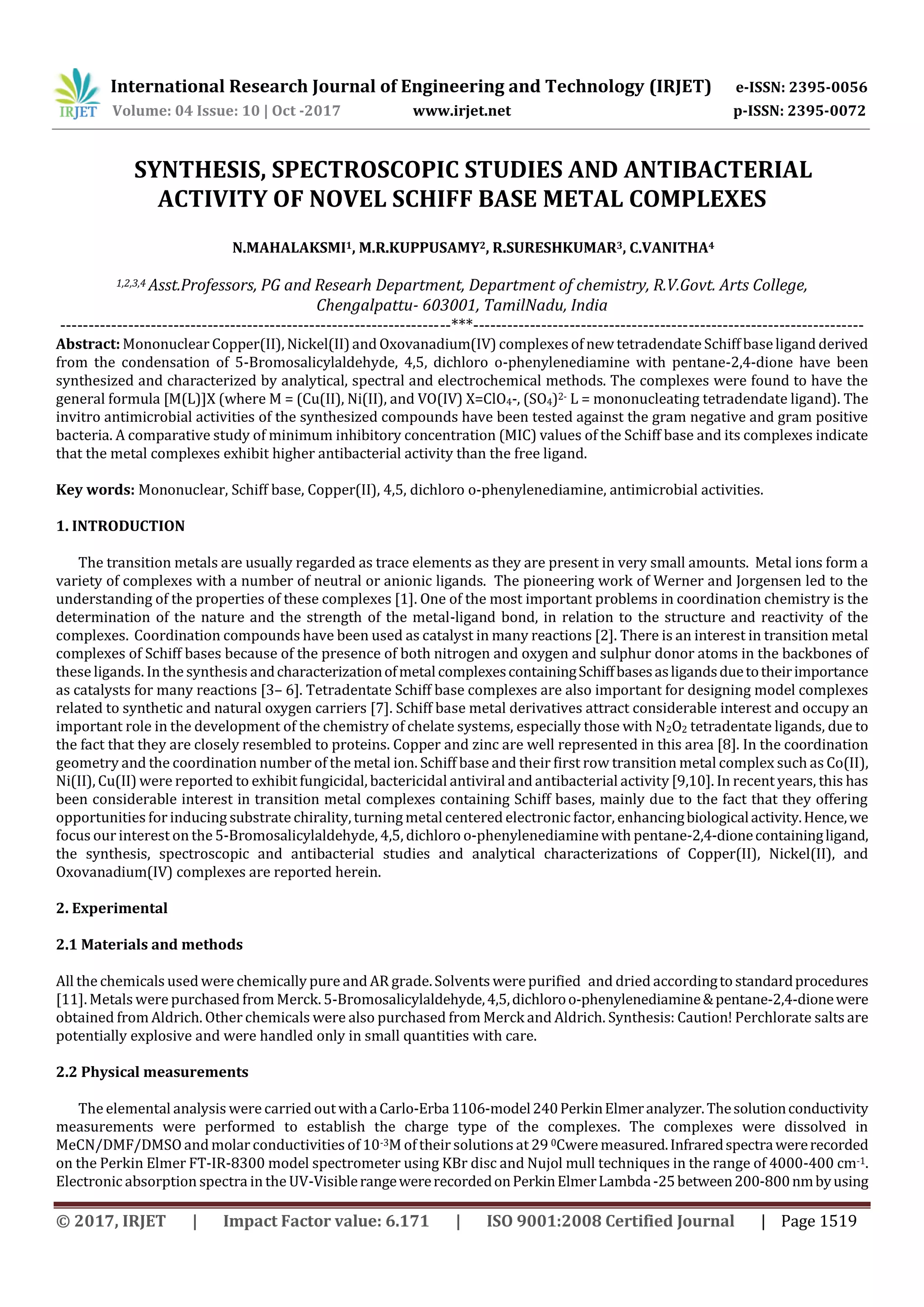 Synthesis, Spectroscopic Studies and Antibacterial Activity of Novel Schiff Base Metal Complexes ...