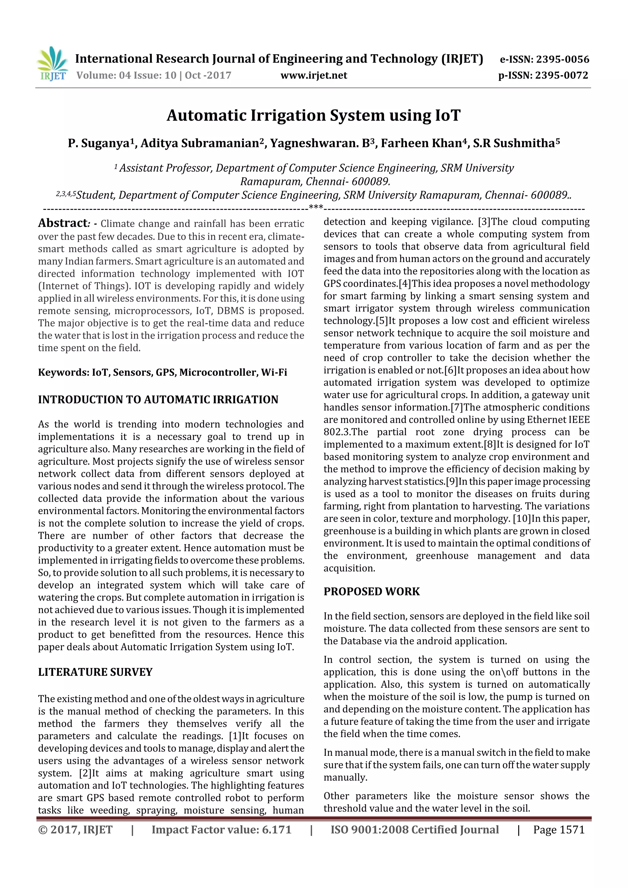 Automatic Irrigation System using IoT. | PDF | Agriculture | Industries