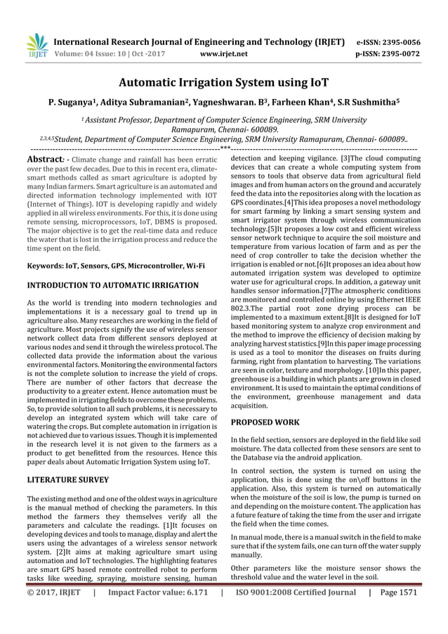 Automatic Irrigation System using IoT. | PDF | Agriculture | Industries