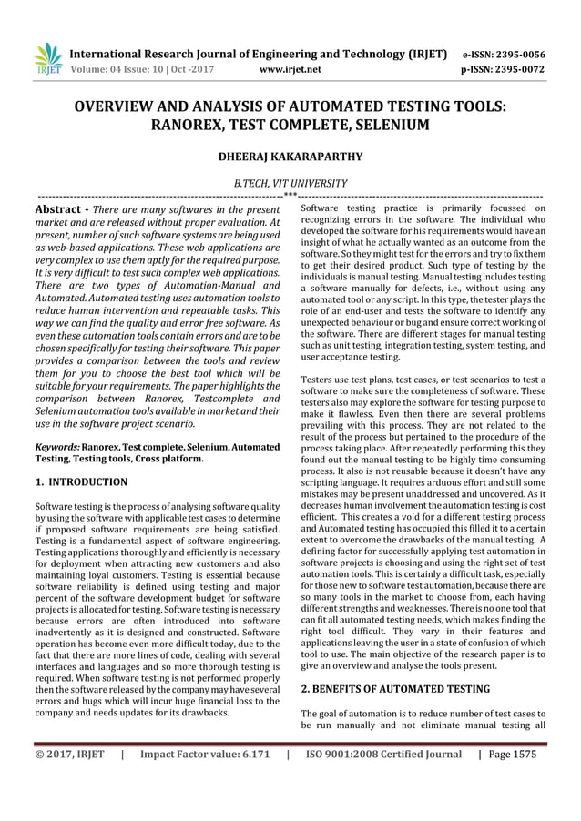 Overview and Analysis of Automated Testing Tools: Ranorex, Test ...