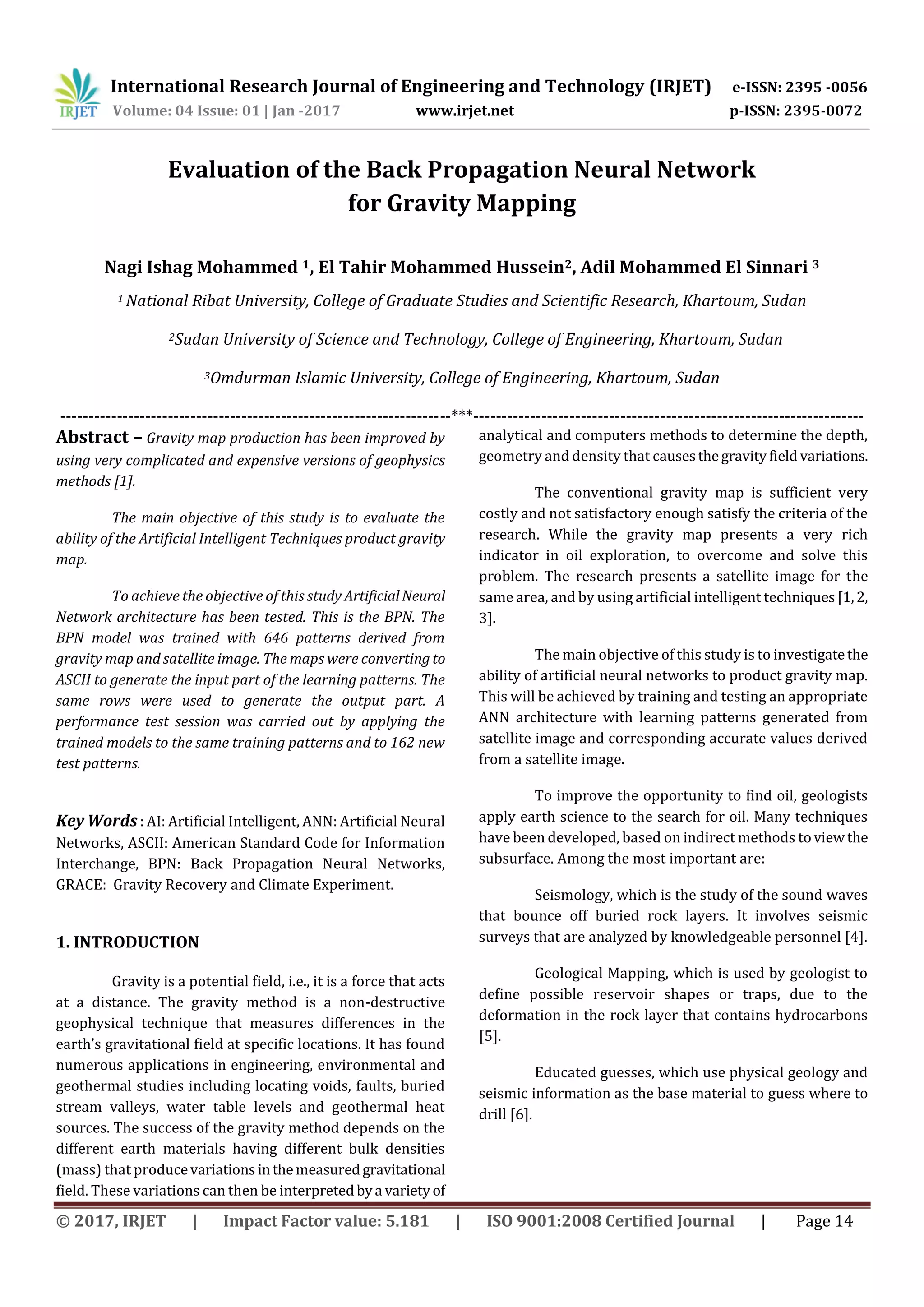 IRJET-Evaluation of the Back Propagation Neural Network for Gravity Mapping | PDF