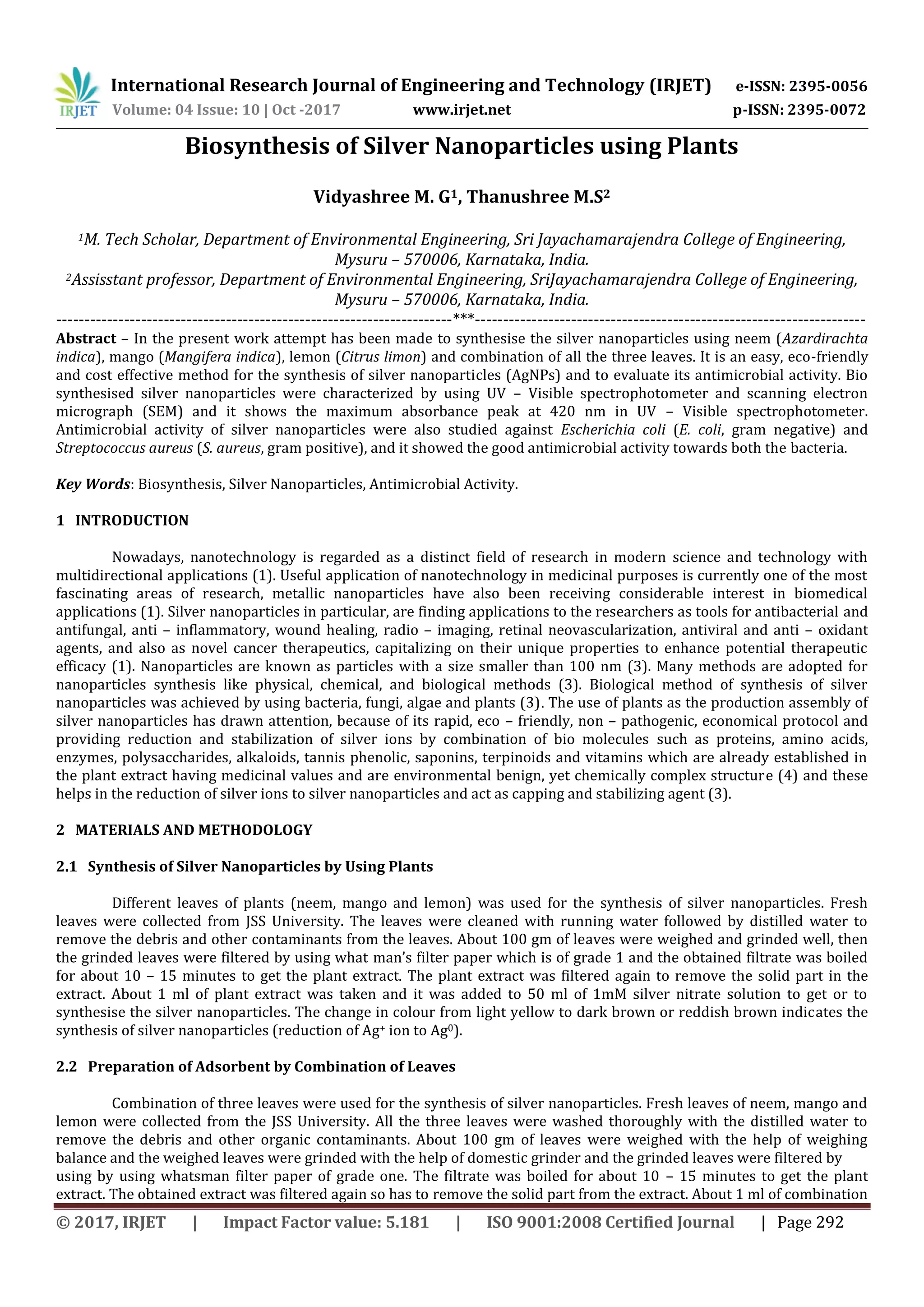 Biosynthesis of Silver Nanoparticles using Plants | PDF | Gardening | Home & Garden