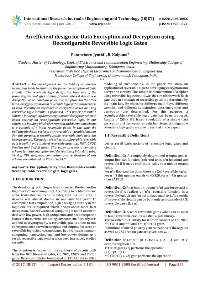 An Efficient Design for Data Encryption and Decryption using Reconfigurable Reversible Logic ...