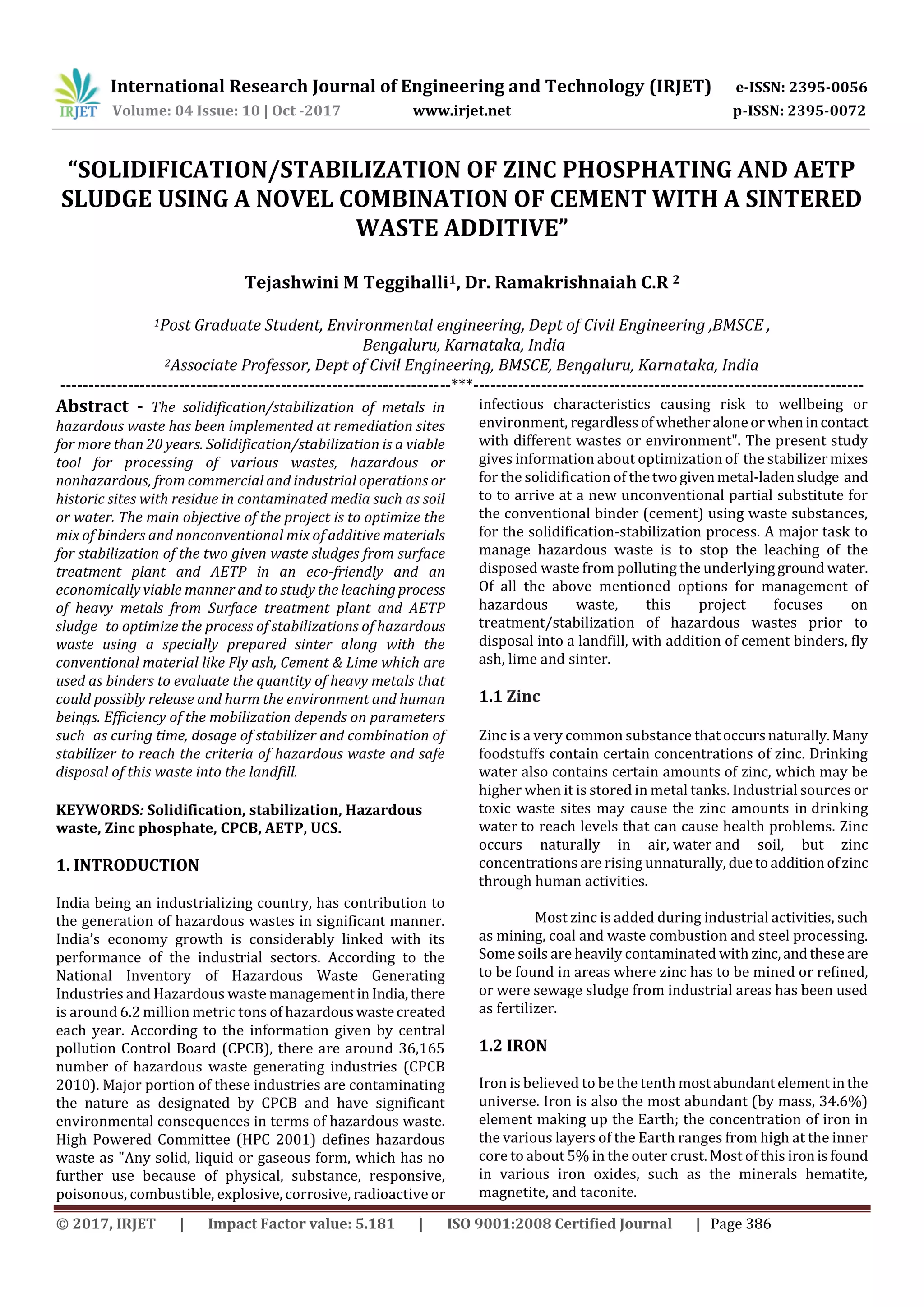 Solidification/Stabilization of Zinc Phosphating and AETP Sludge using ...