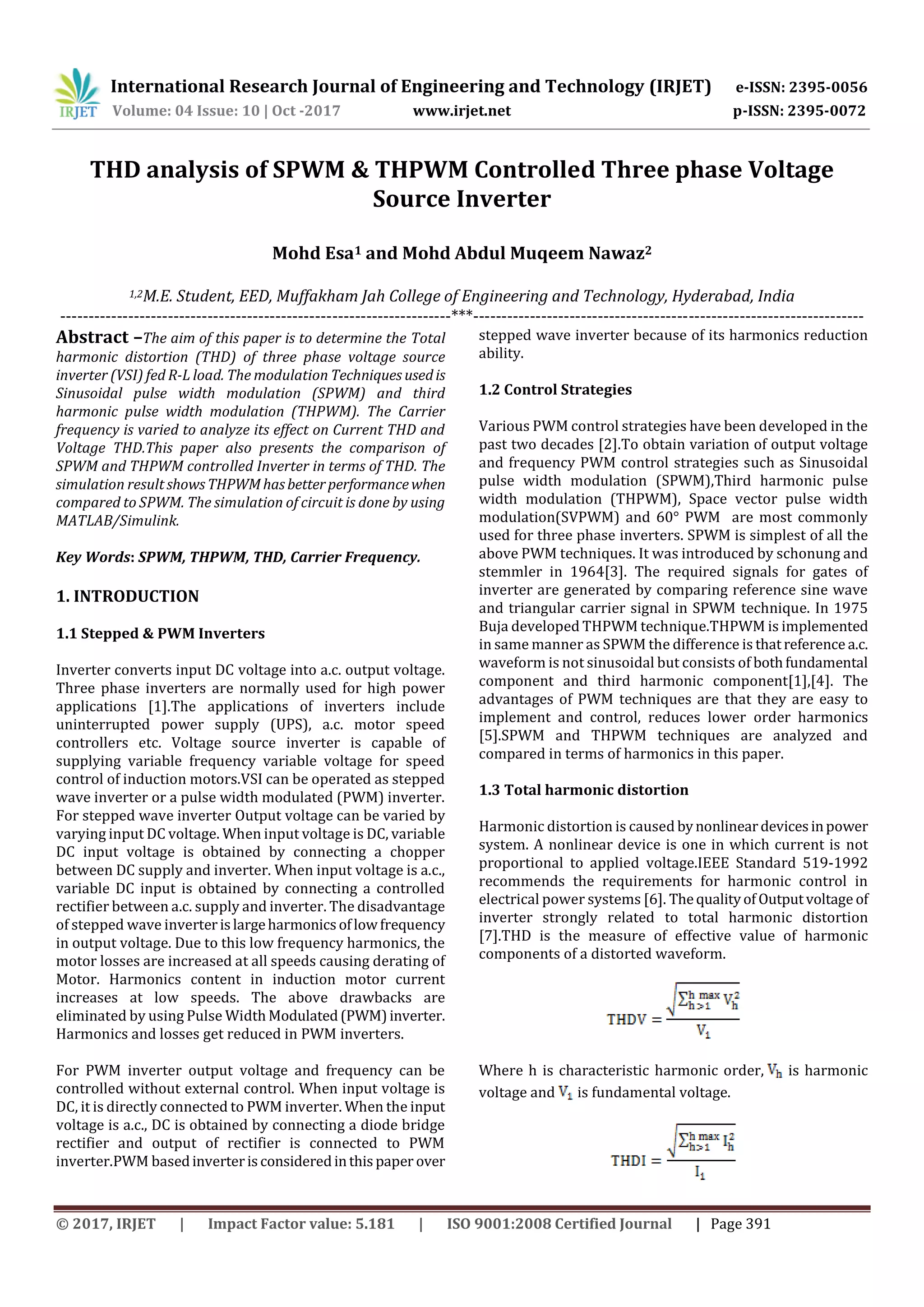 Thd Analysis Of Spwm And Thpwm Controlled Three Phase Voltage Source