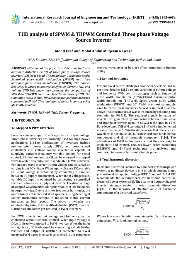 Thd Analysis Of Spwm And Thpwm Controlled Three Phase Voltage Source