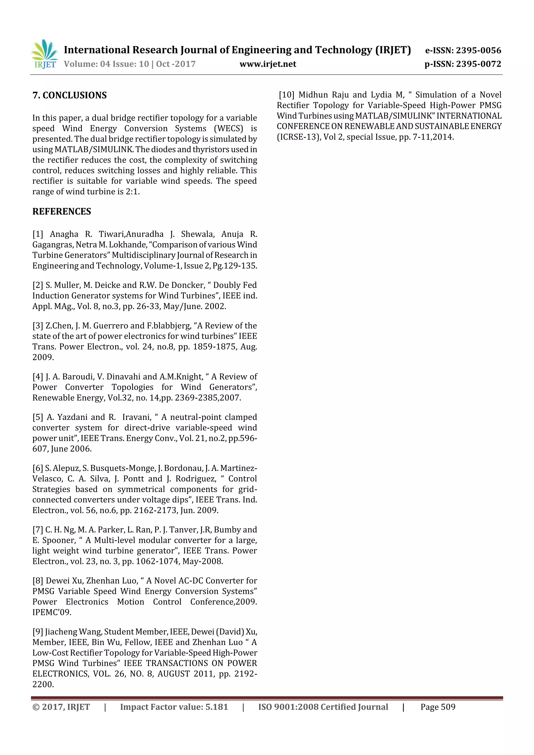 Dual Bridge Rectifier for PMSG Variable Speed Wind Energy Conversion Systems | PDF