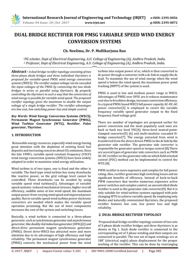 Dual Bridge Rectifier for PMSG Variable Speed Wind Energy Conversion Systems | PDF