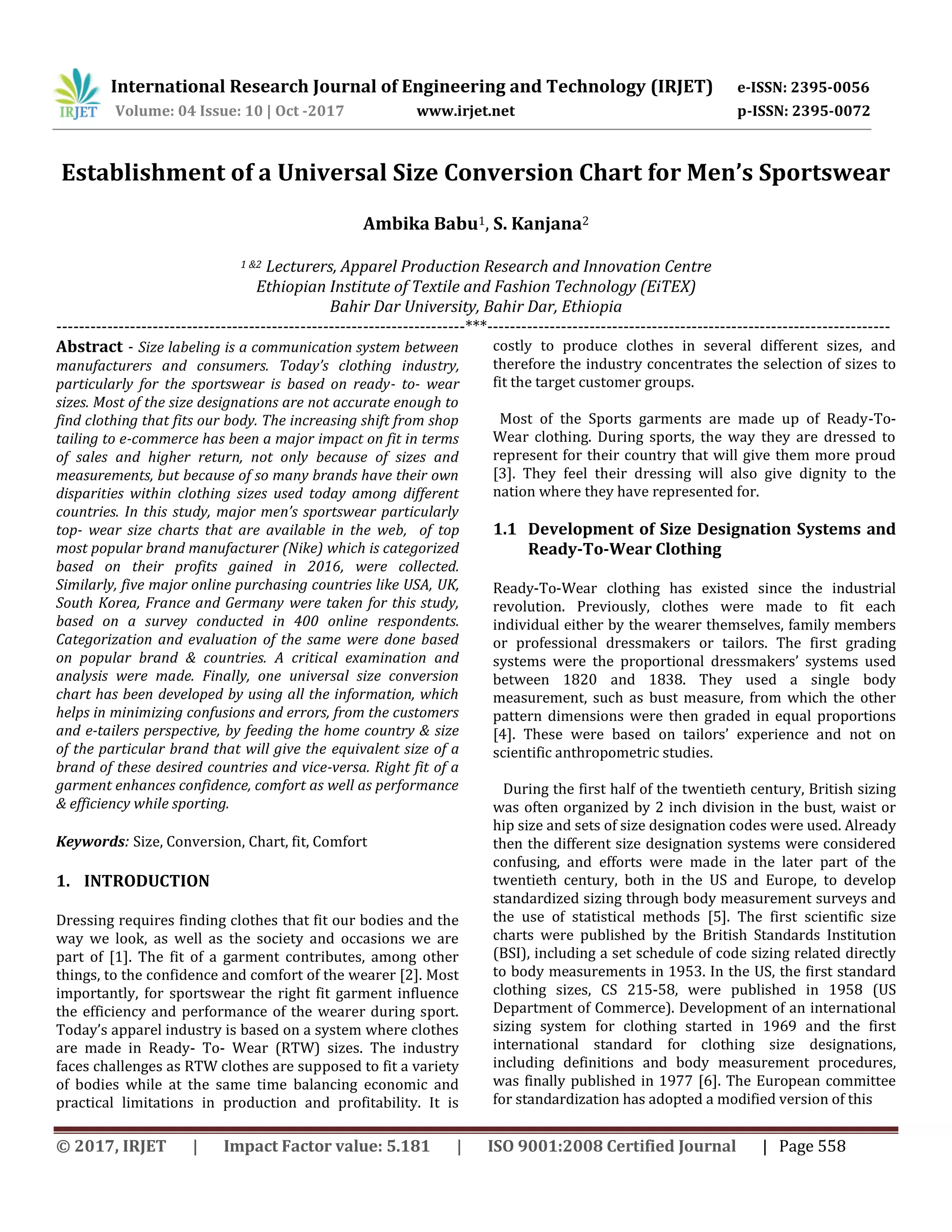 Establishment of a Universal Size Conversion Chart for Men’s Sportswear ...