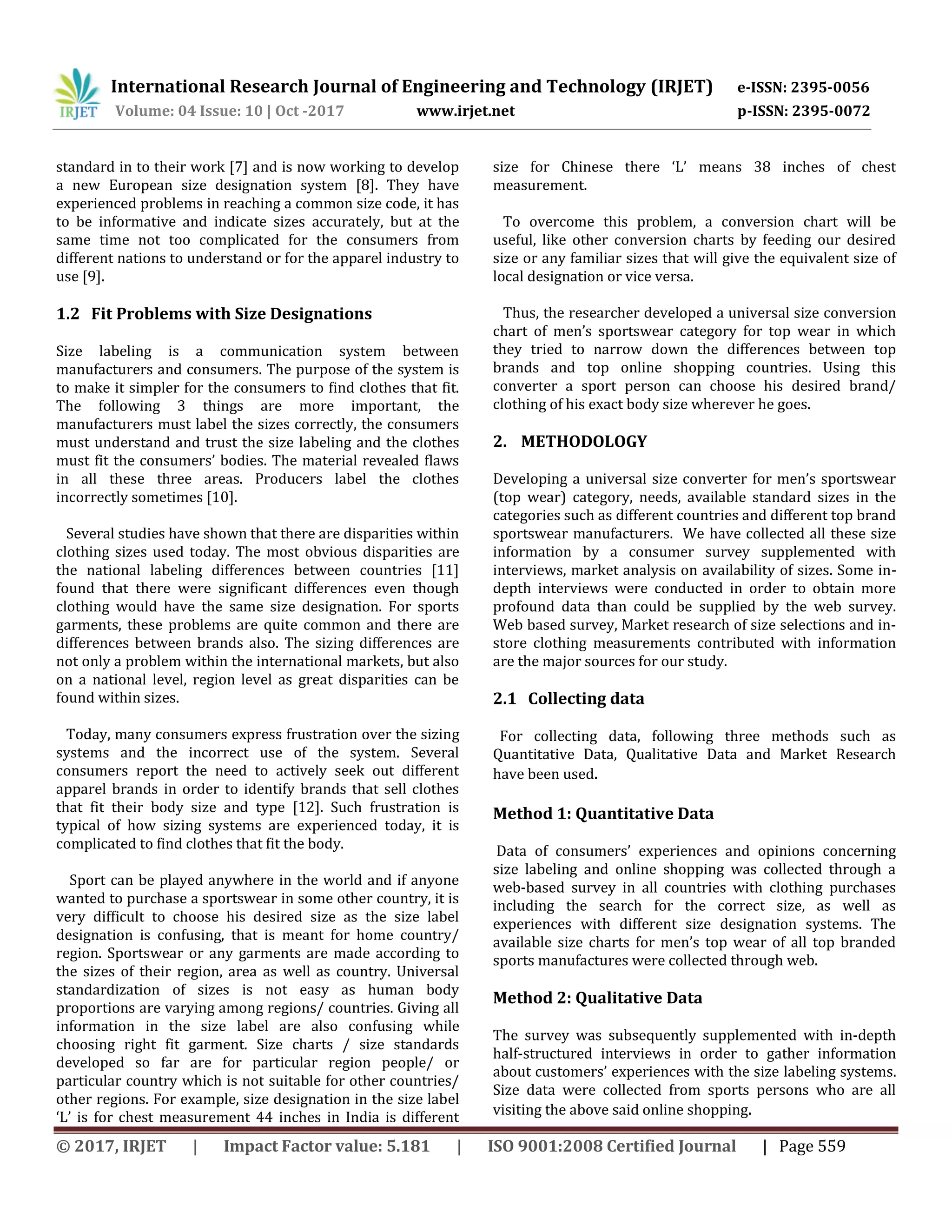 Establishment of a Universal Size Conversion Chart for Men’s Sportswear ...