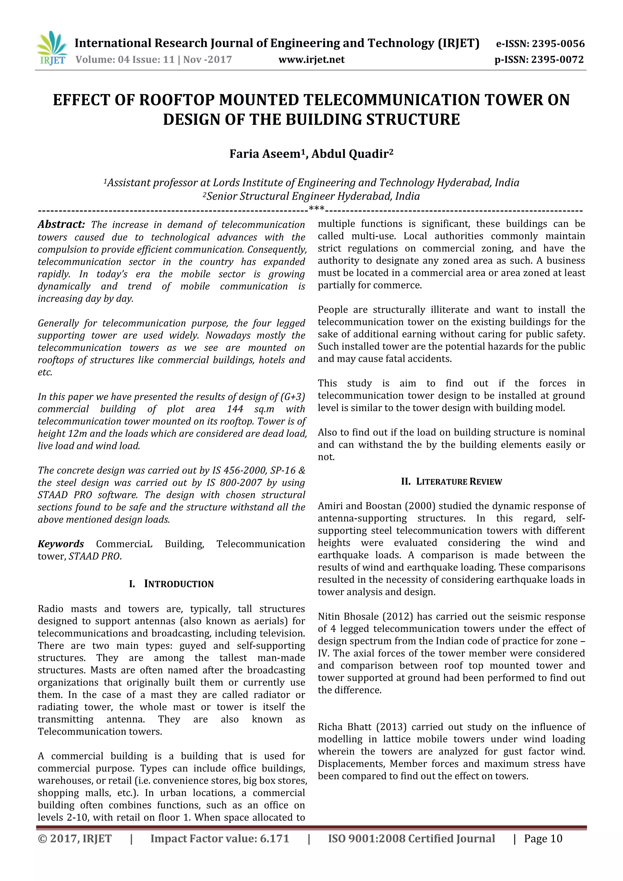 Effect of Rooftop Mounted Telecommunication Tower on Design of the Building Structure | PDF