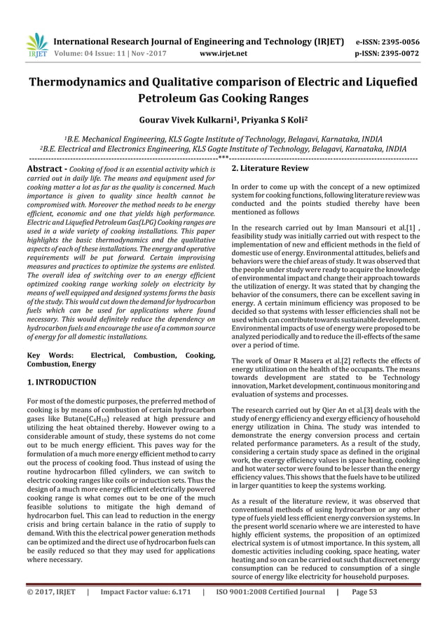 Thermodynamics and Qualitative Comparison of Electric and Liquefied Petroleum Gas Cooking Ranges ...