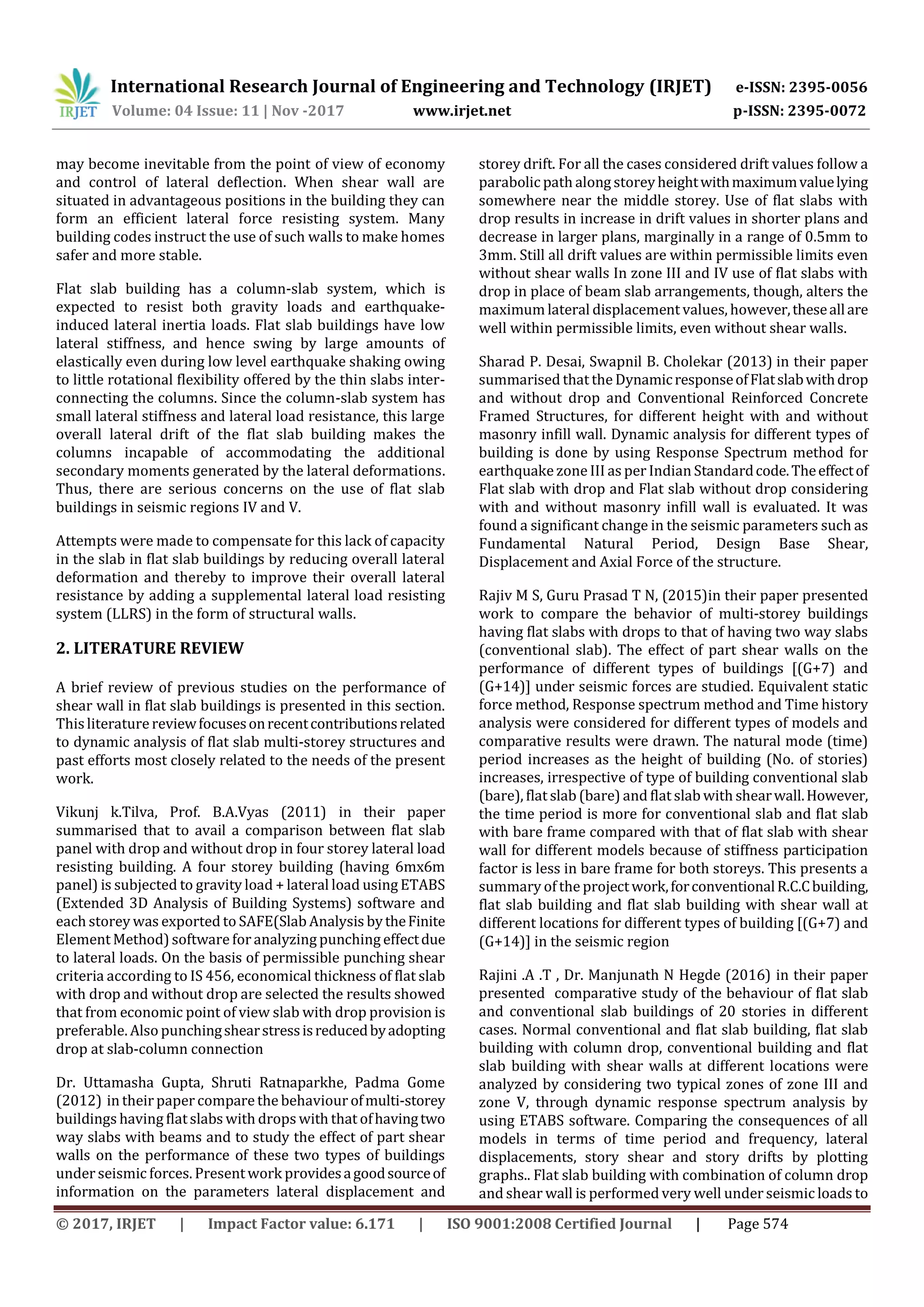 Seismic Response of Multi storey Flat Slab Building with and without ...