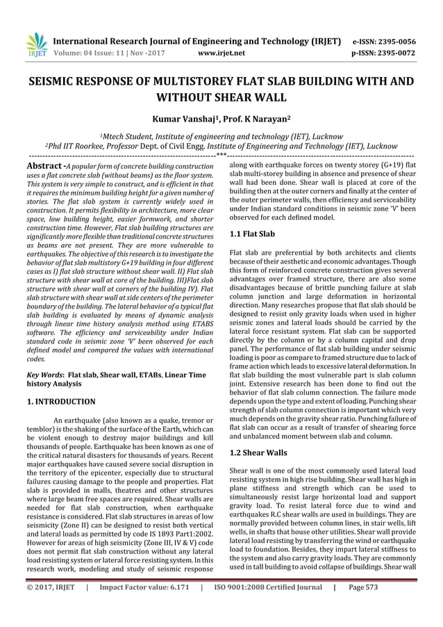 Seismic Response of Multi storey Flat Slab Building with and without Shear Wall | PDF | Civil ...