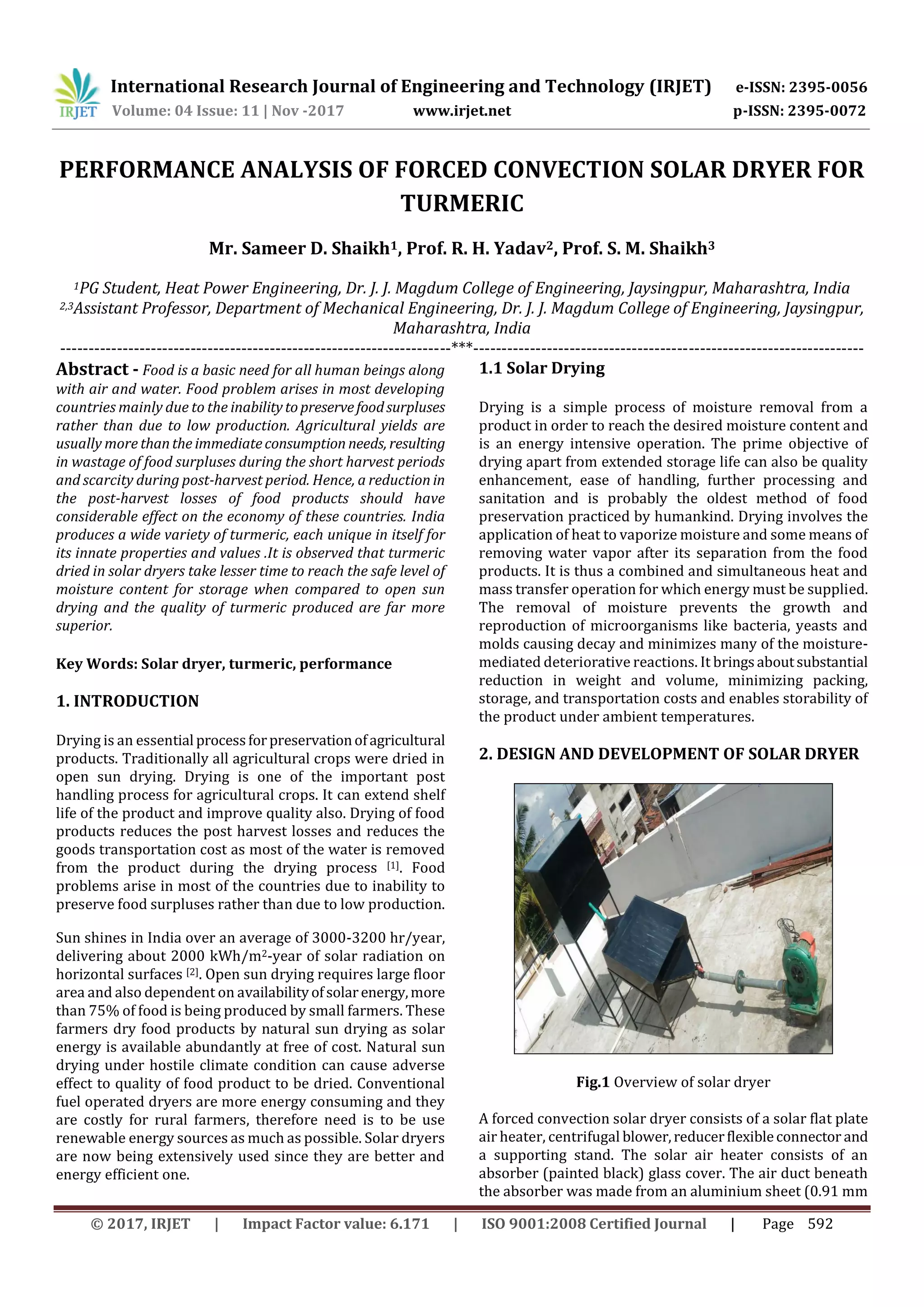 Performance Analysis of Forced Convection Solar Dryer for Turmeric | PDF