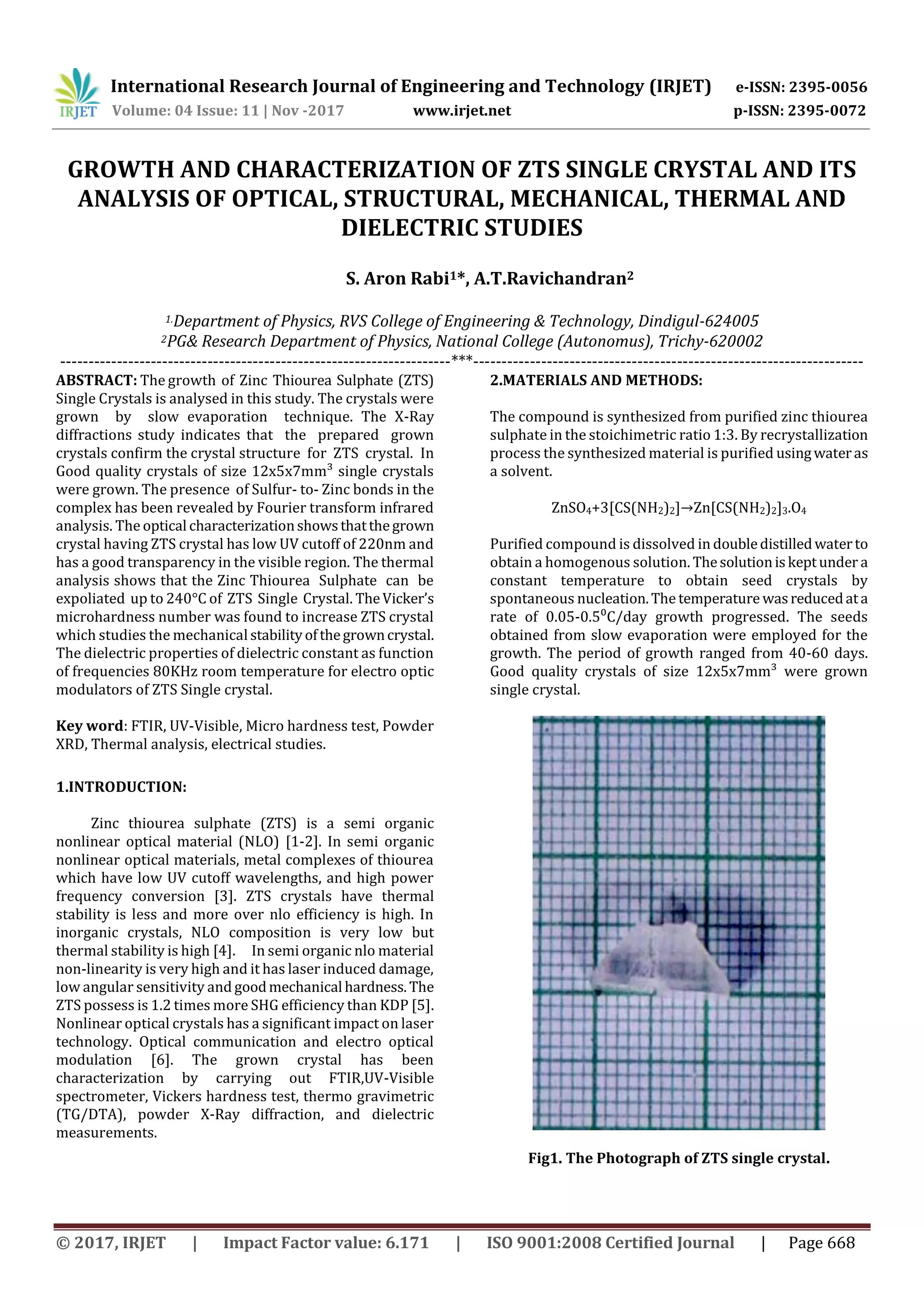 Growth and Characterization of ZTS Single Crystal and its Analysis of Optical, Structural ...