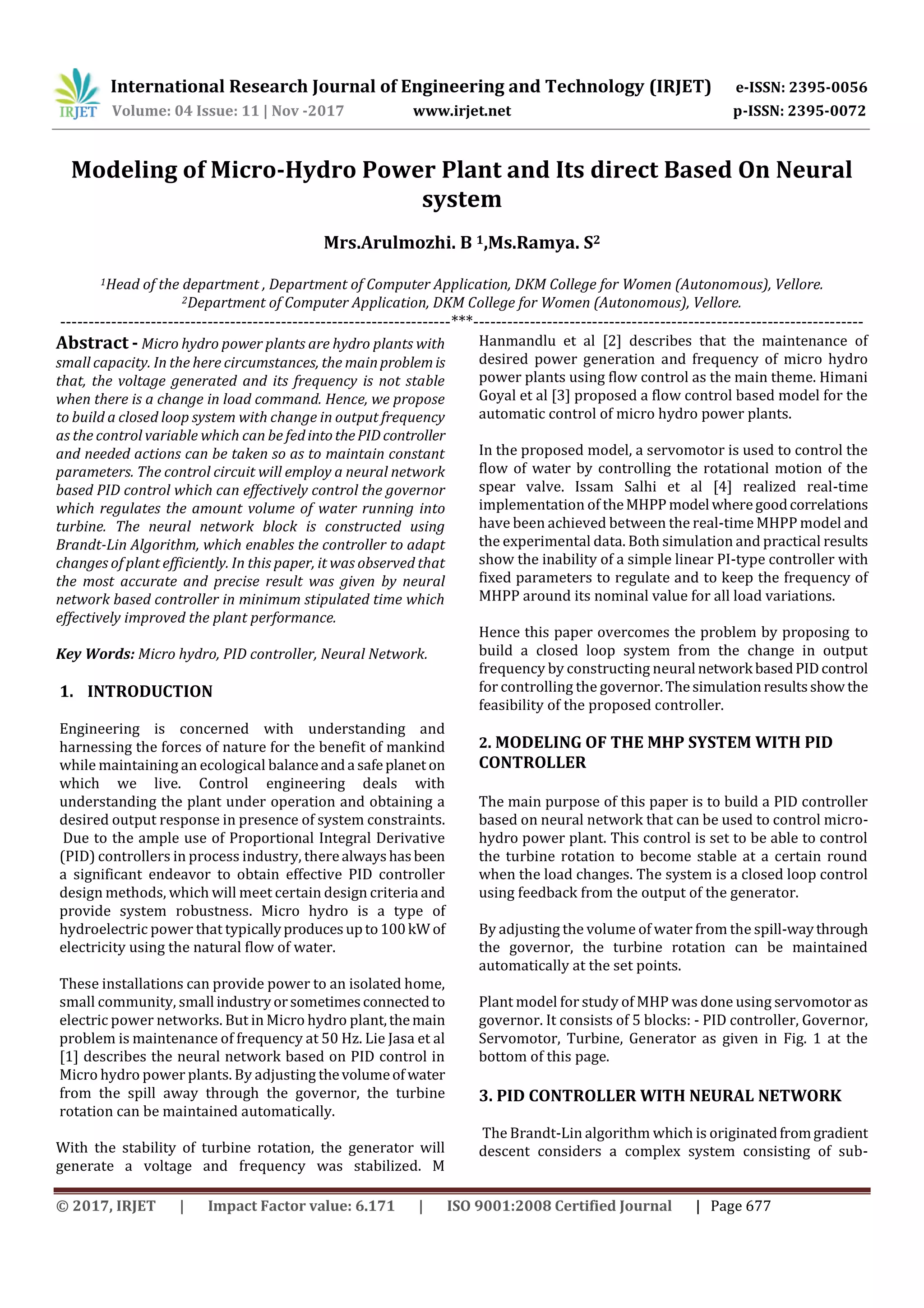 Modeling of Micro-Hydro Power Plant and its Direct Based on Neural system | PDF