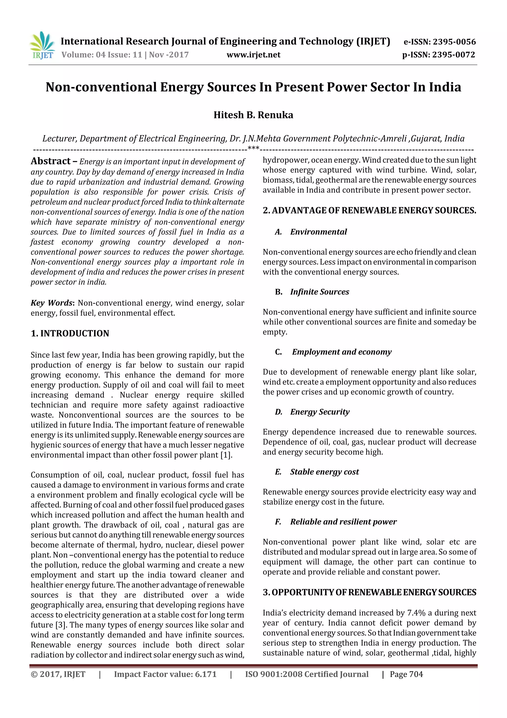 Non-conventional Energy Sources in Present Power Sector in India | PDF