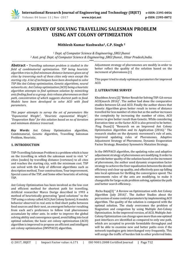 A Survey Of Solving Travelling Salesman Problem Using Ant Colony Optimization Pdf