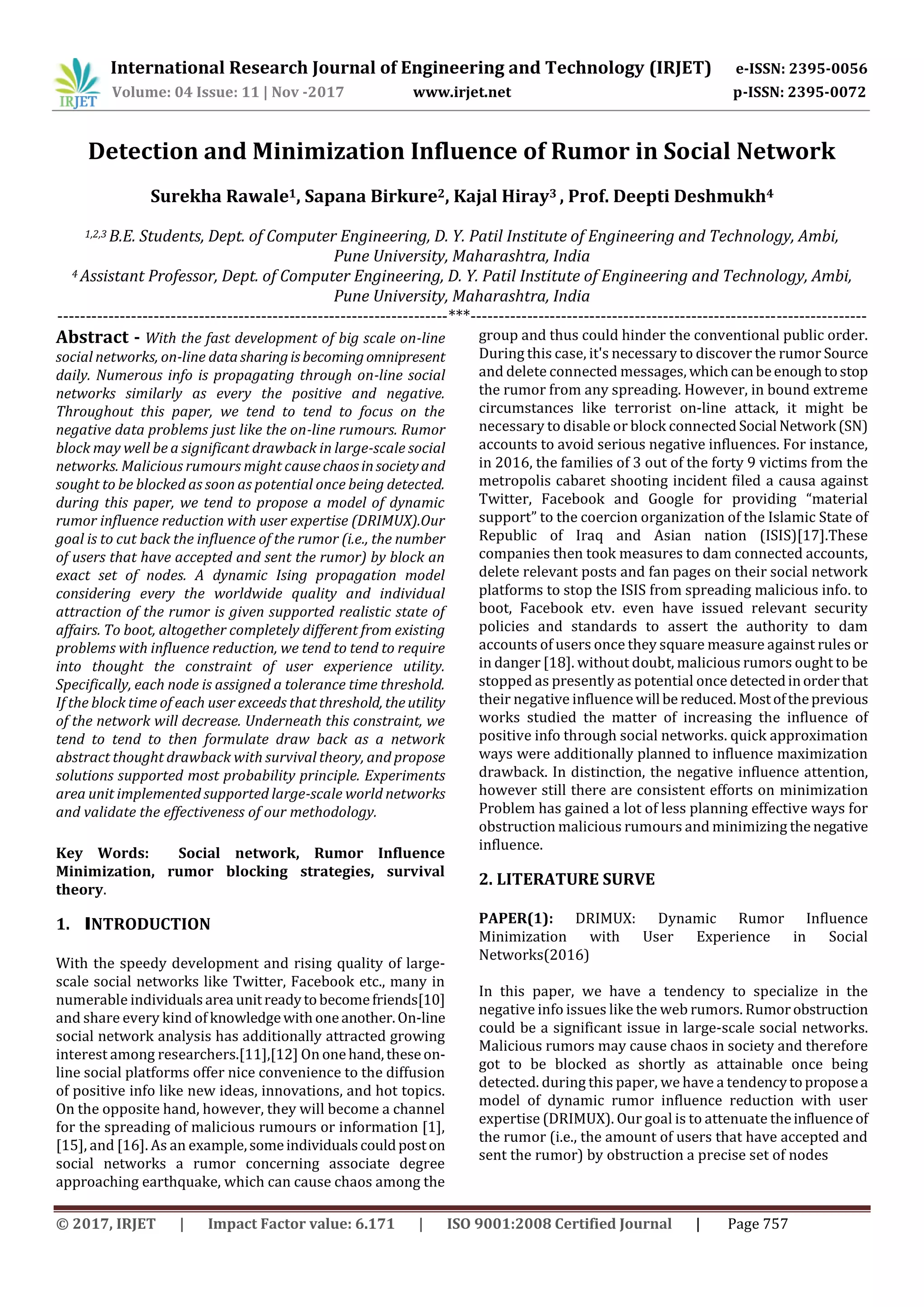 Detection and Minimization Influence of Rumor in Social Network | PDF ...