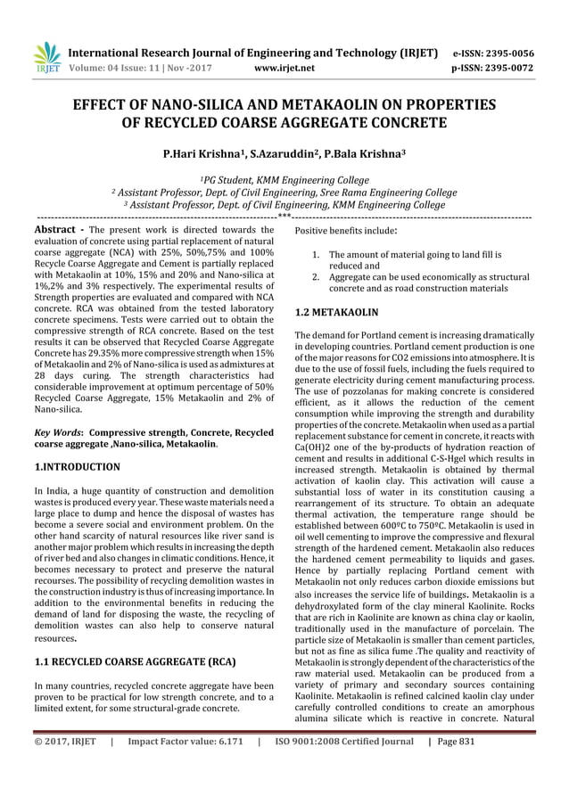 Effect of Nano-Silica and Metakaolin on Properties of Recycled Coarse ...