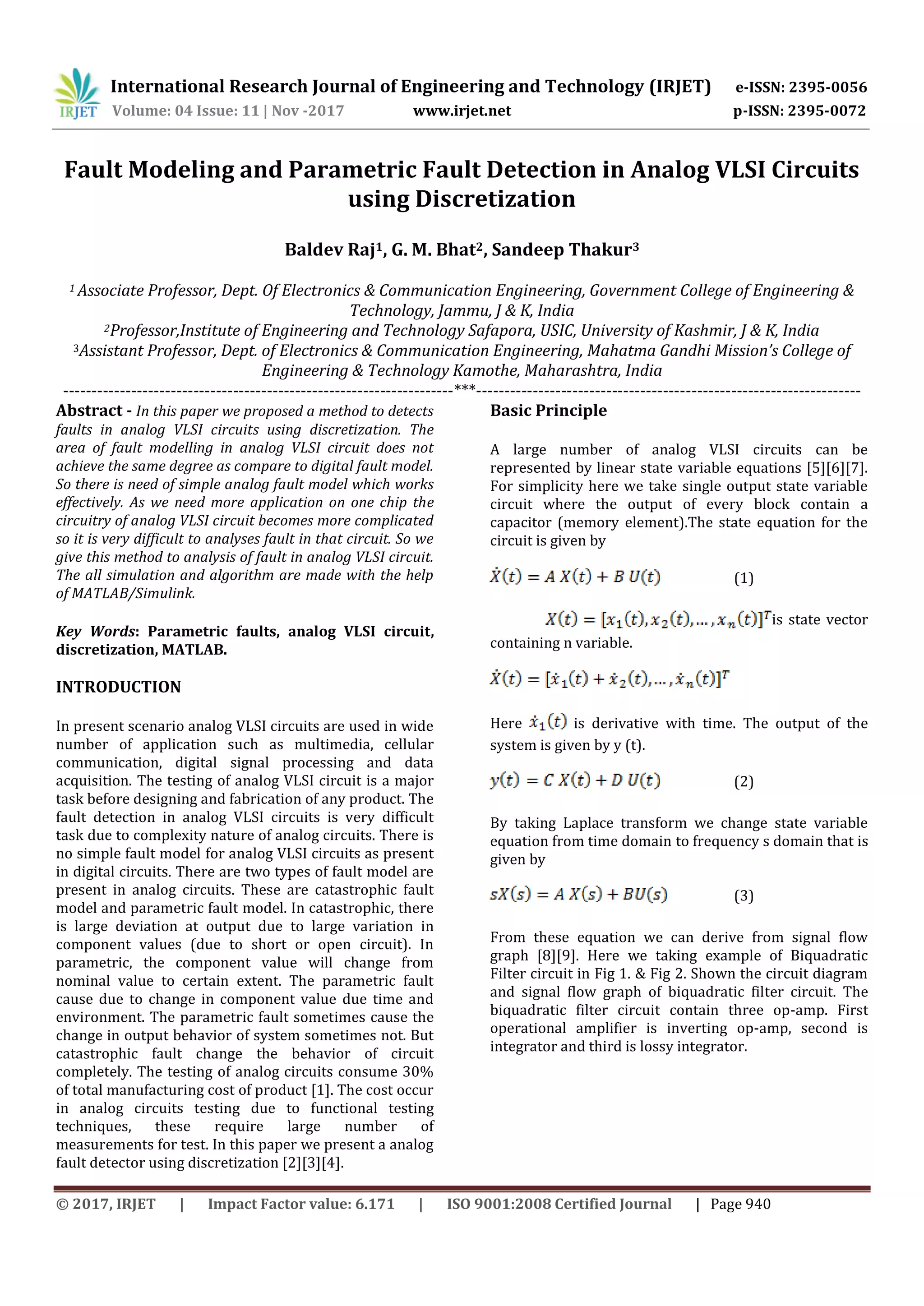 Fault Modeling And Parametric Fault Detection In Analog Vlsi Circuits 7032