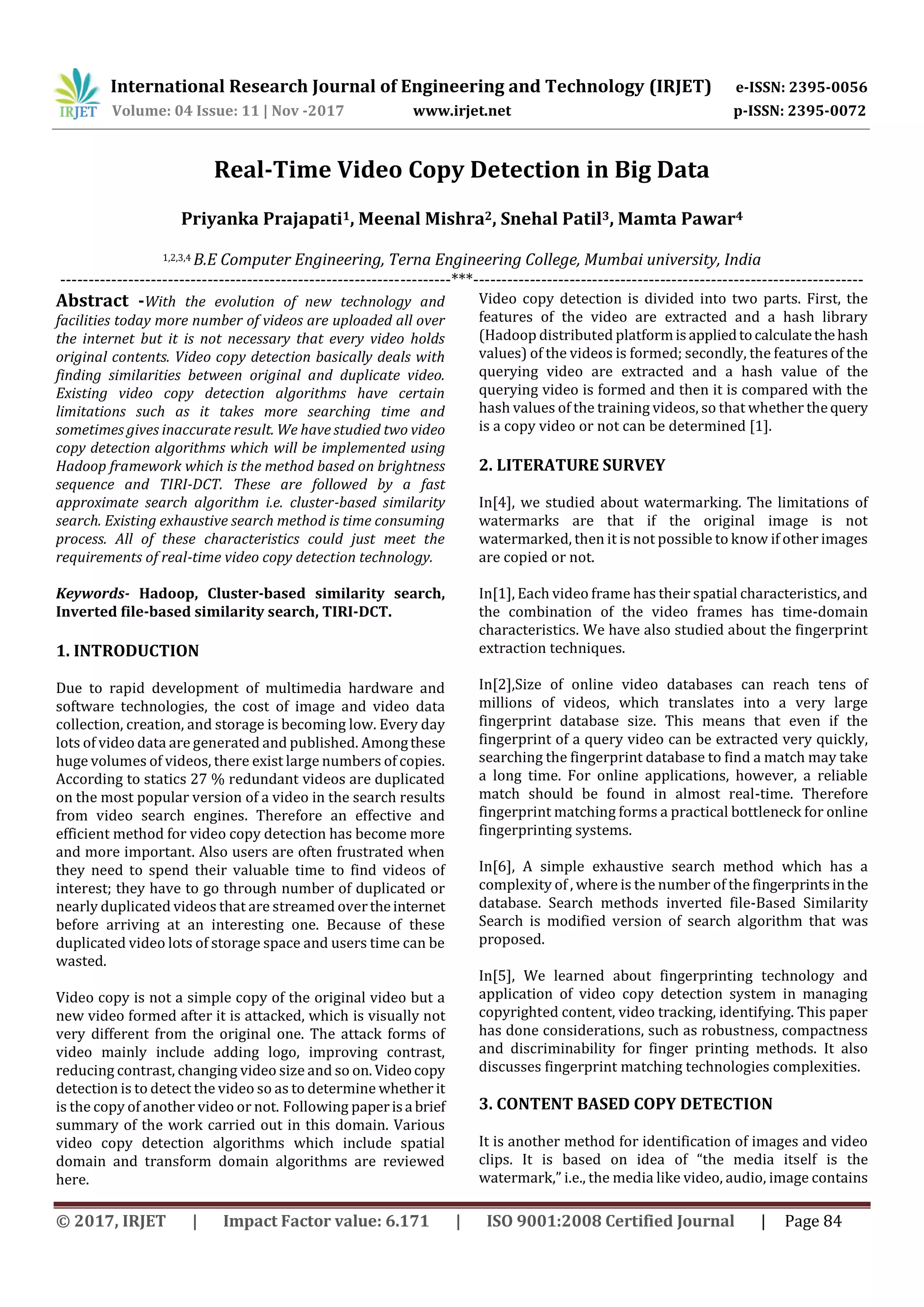 Real-Time Video Copy Detection in Big Data | PDF