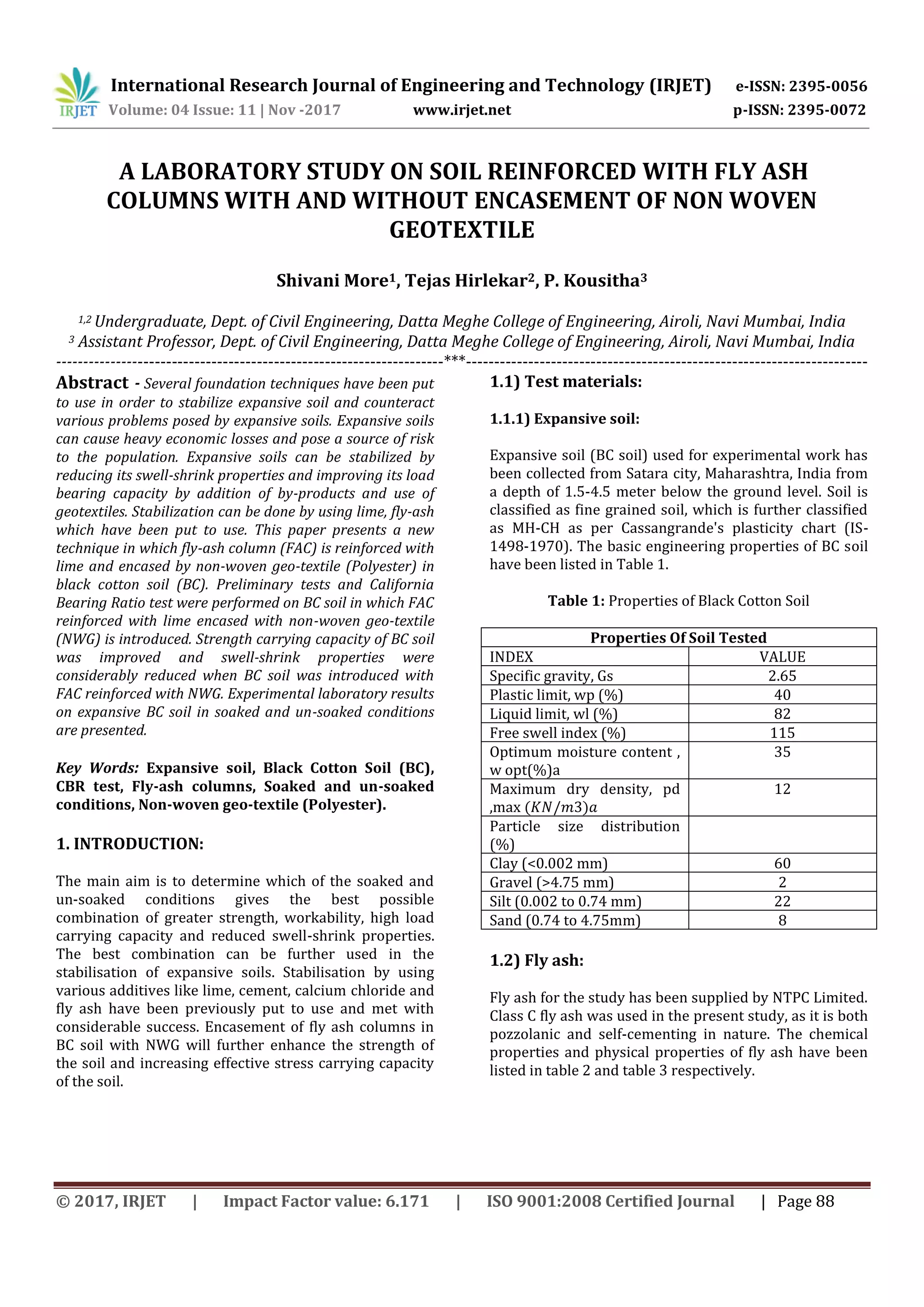 A Laboratory Study on Soil Reinforced with Fly Ash Columns with and ...