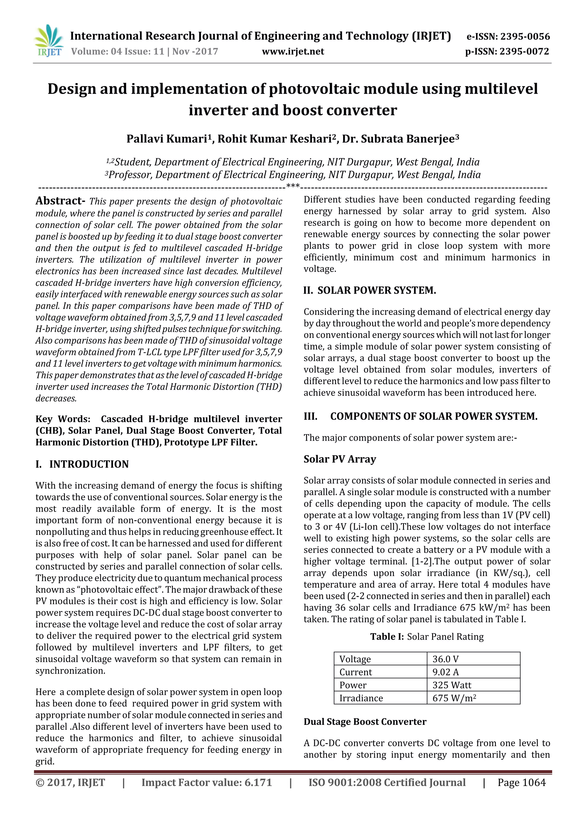 Design and Implementation of Photovoltaic Module using Multilevel Inverter and Boost Converter | PDF