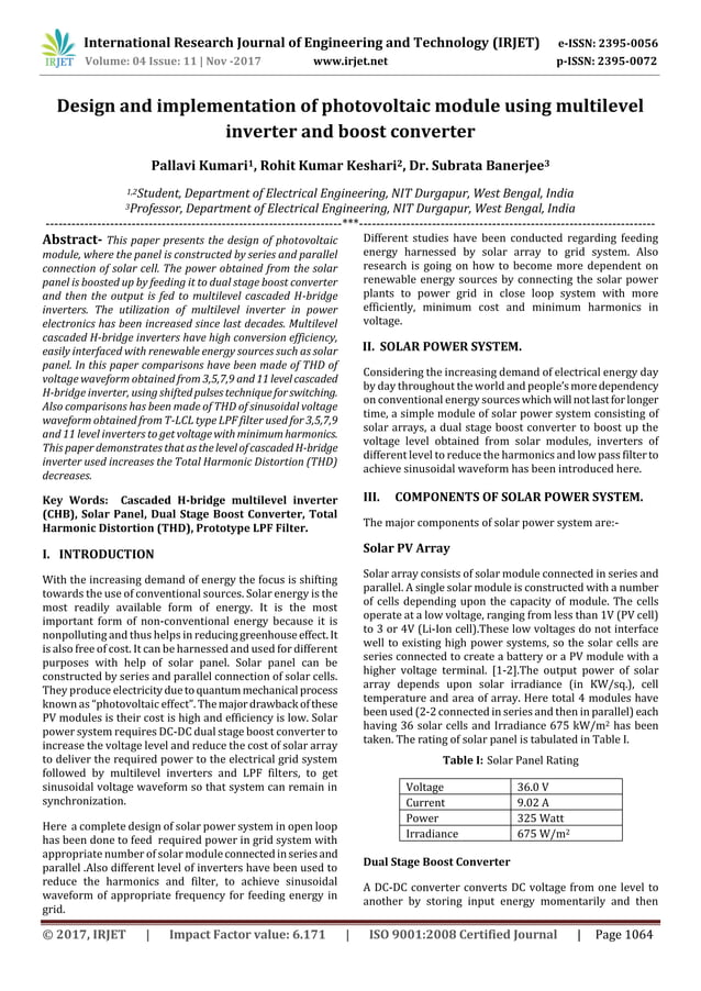 Design and Implementation of Photovoltaic Module using Multilevel Inverter and Boost Converter | PDF