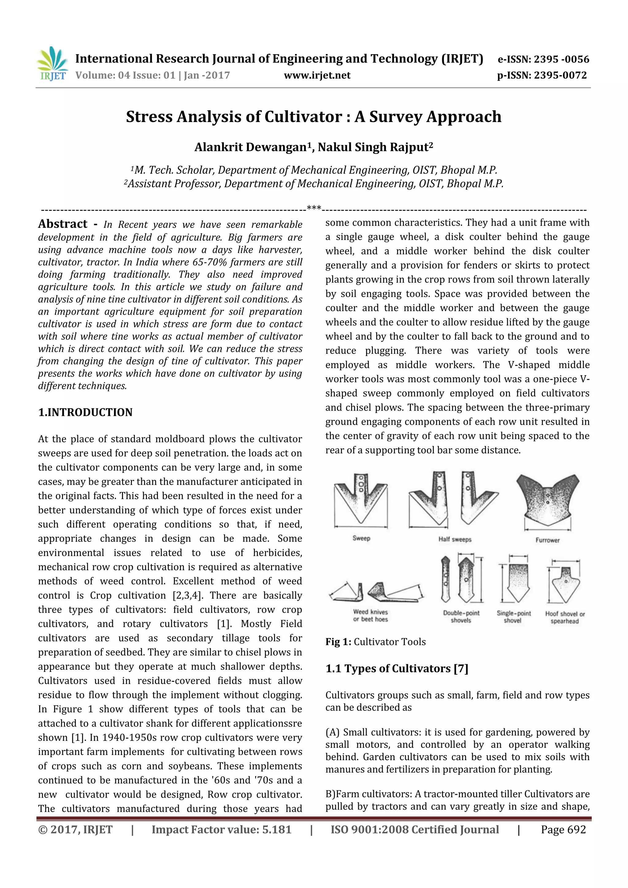 Stress Analysis of Cultivator : A Survey Approach | PDF