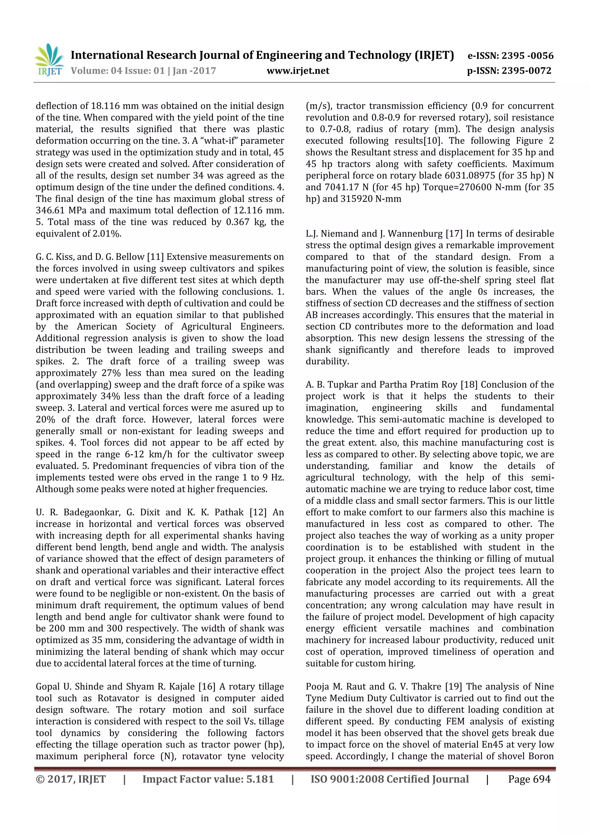 Stress Analysis of Cultivator : A Survey Approach | PDF