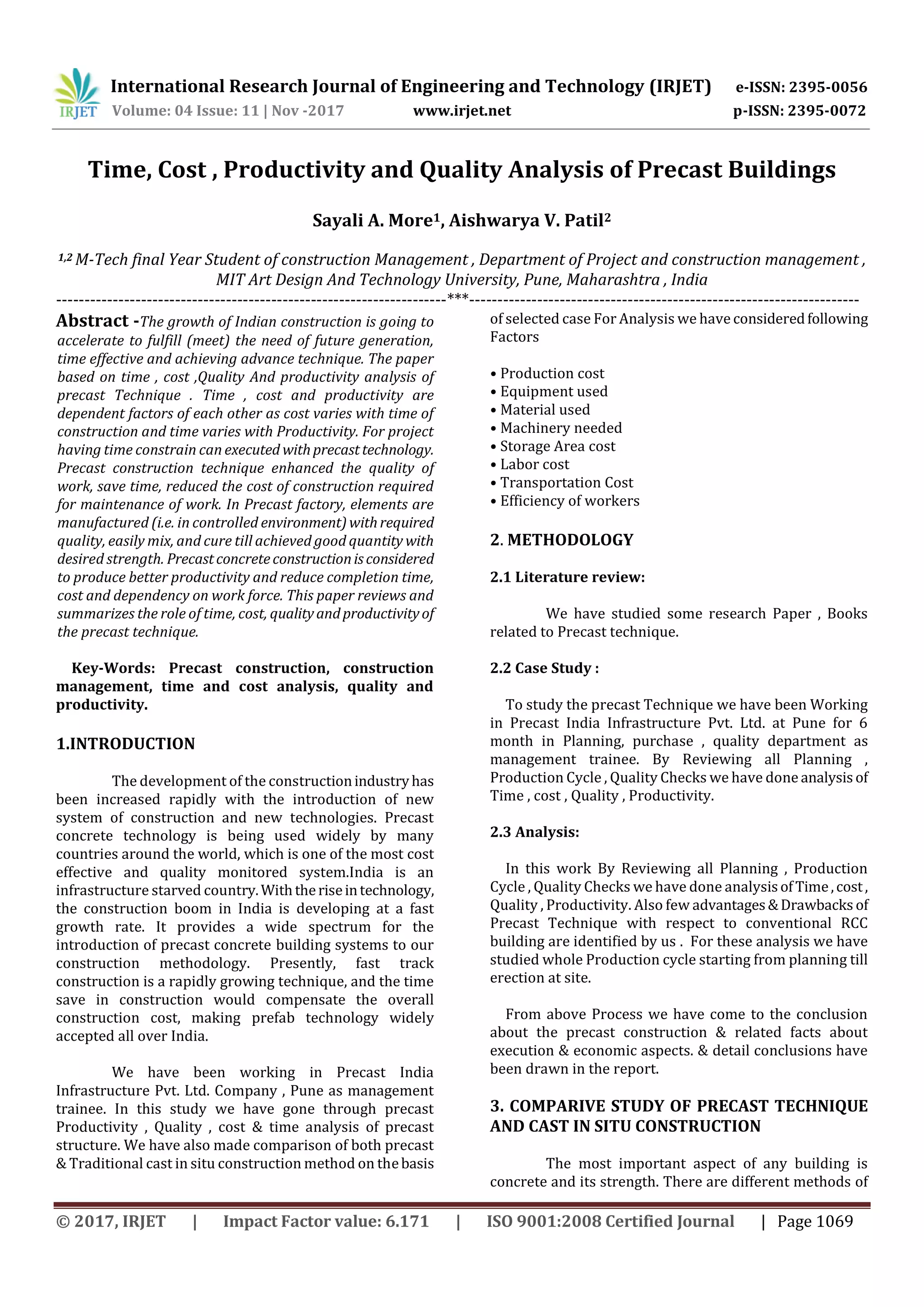 Time, Cost , Productivity and Quality Analysis of Precast Buildings | PDF
