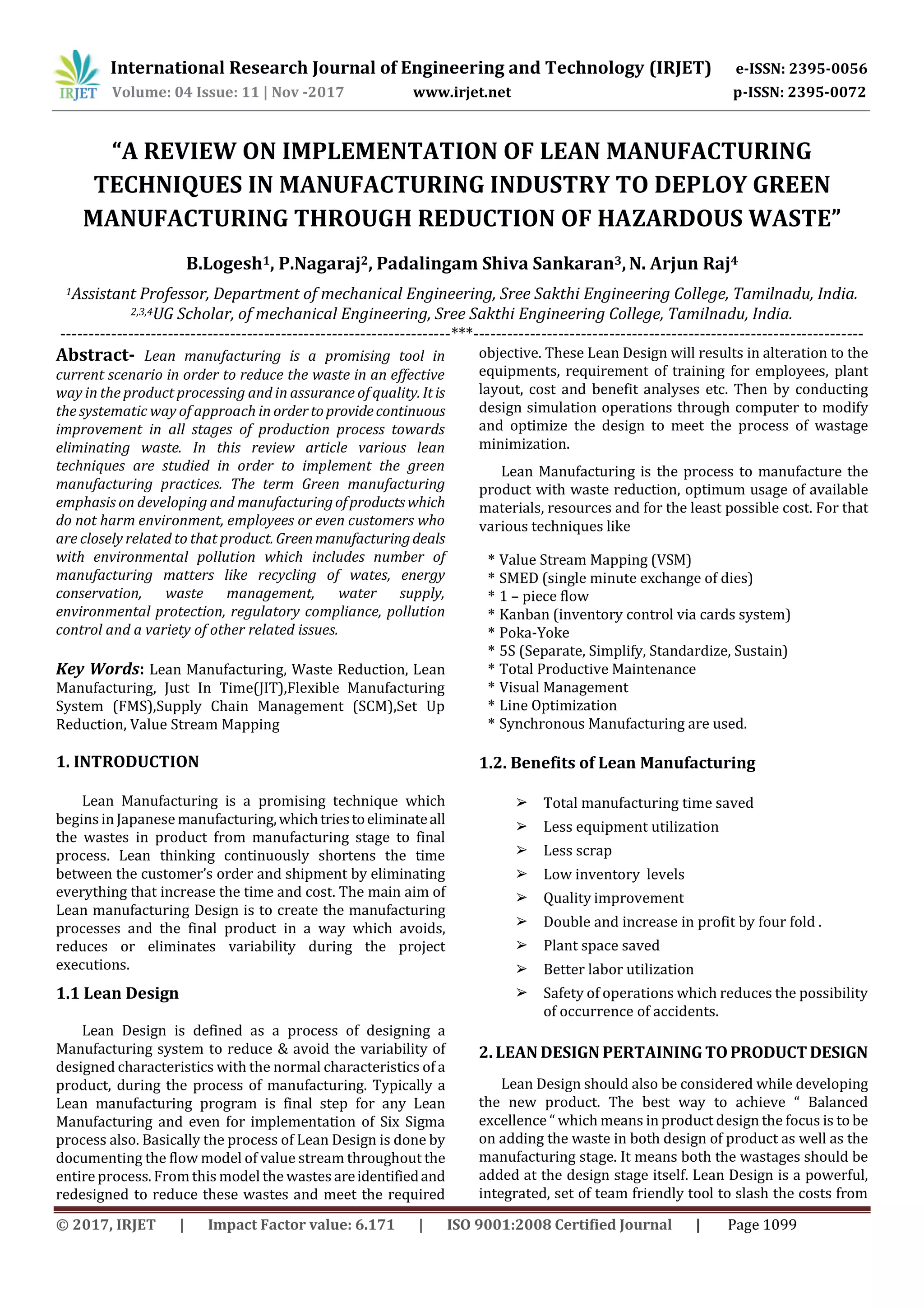 A Review on Implementation of Lean Manufacturing Techniques in Manufacturing Industry to Deploy ...