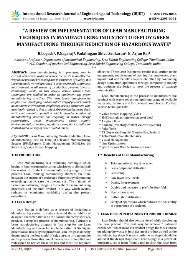 A Review on Implementation of Lean Manufacturing Techniques in Manufacturing Industry to Deploy ...