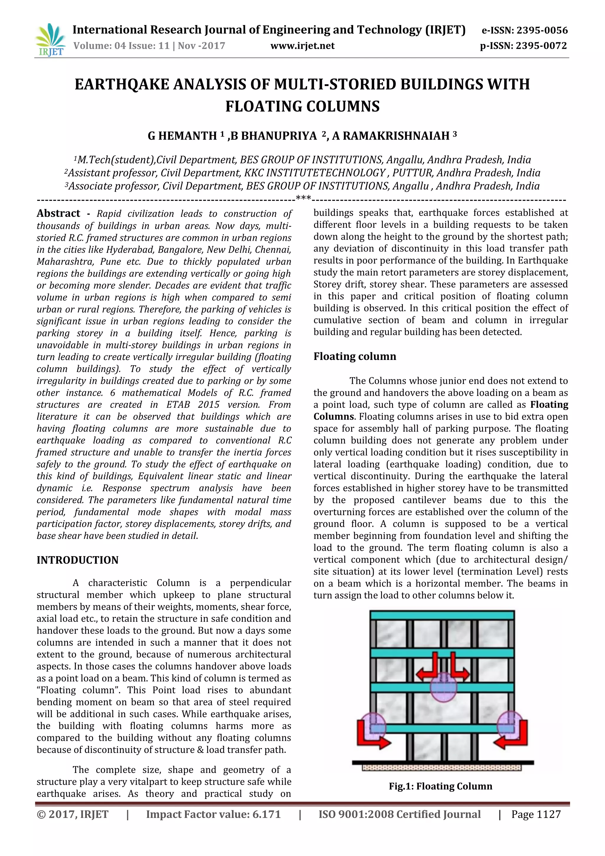 Earthquake Analysis of Multi-Storied Buildings with Floating Columns | PDF