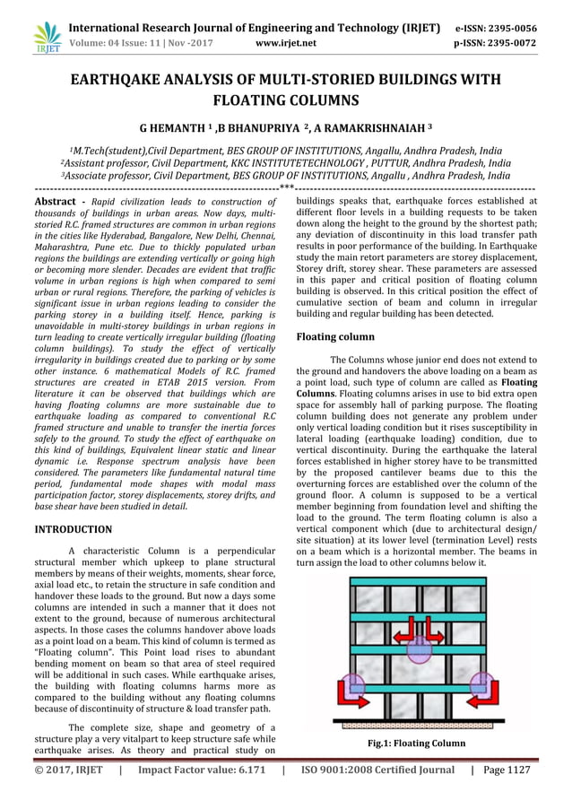Earthquake Analysis of Multi-Storied Buildings with Floating Columns | PDF